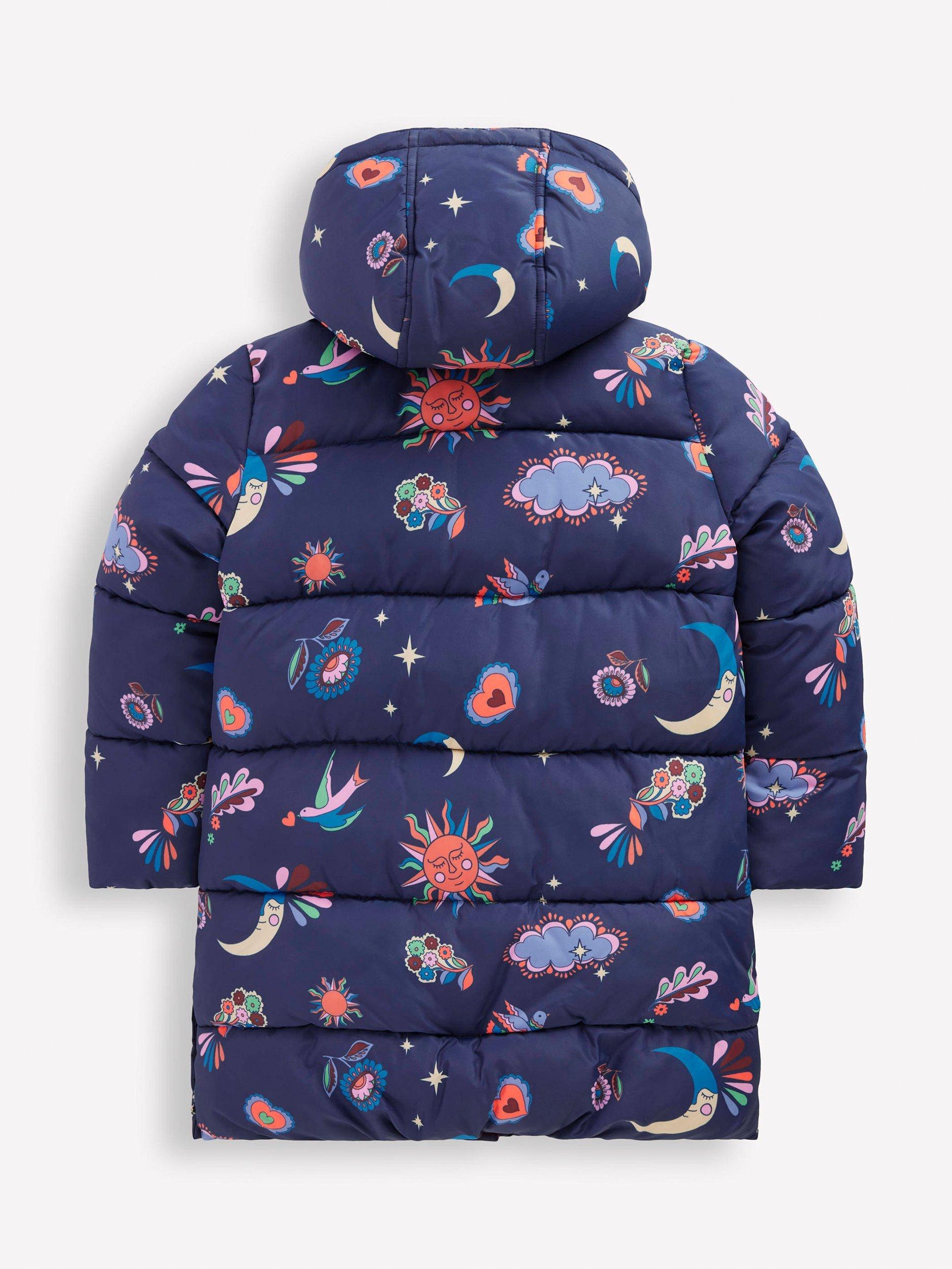 Mini Boden Kids' Longline Padded Coat, Navy Spaced Paisley