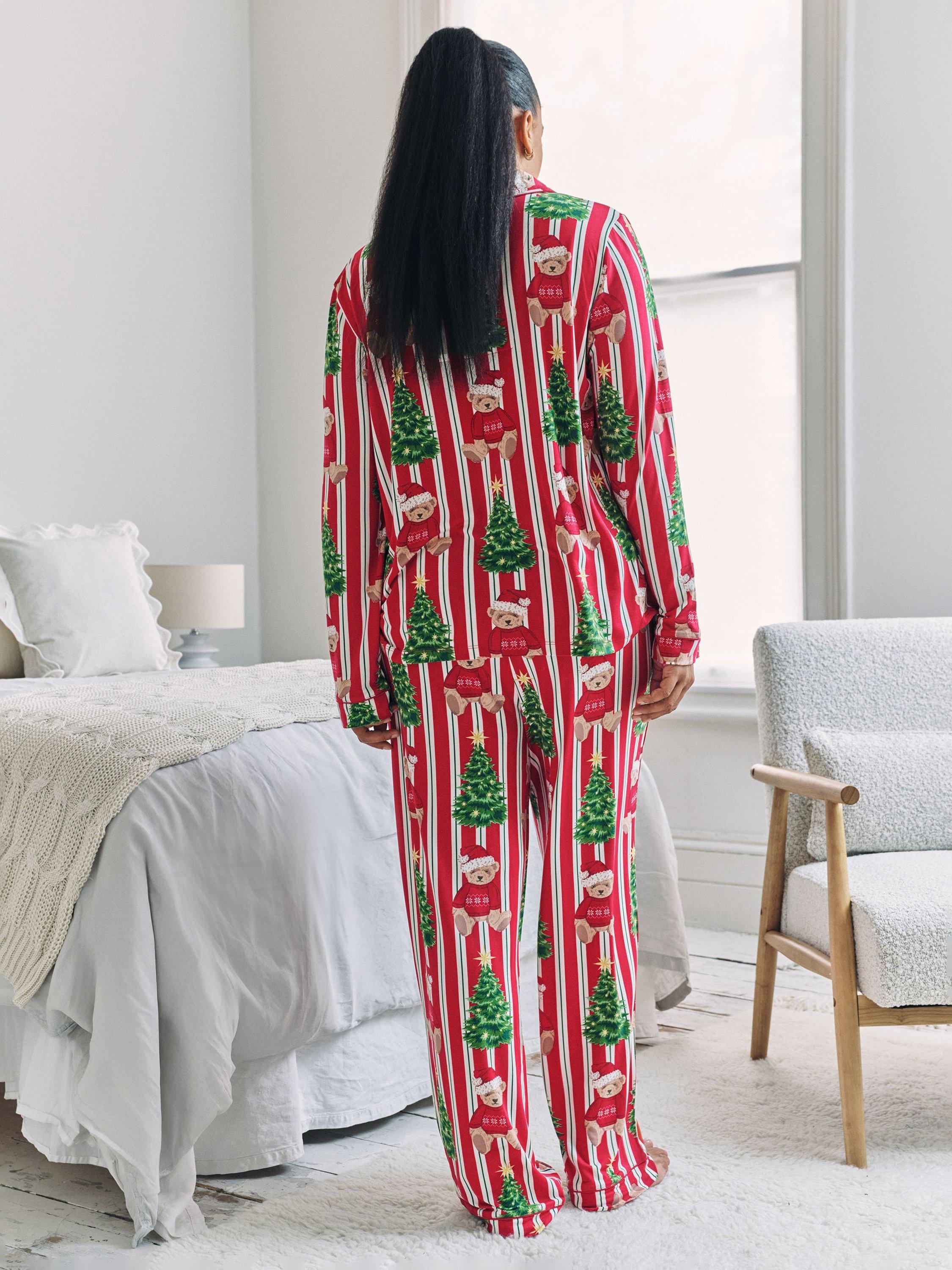 Chelsea Peers Christmas Teddy Bear Button Through Long Pyjama Set, Red
