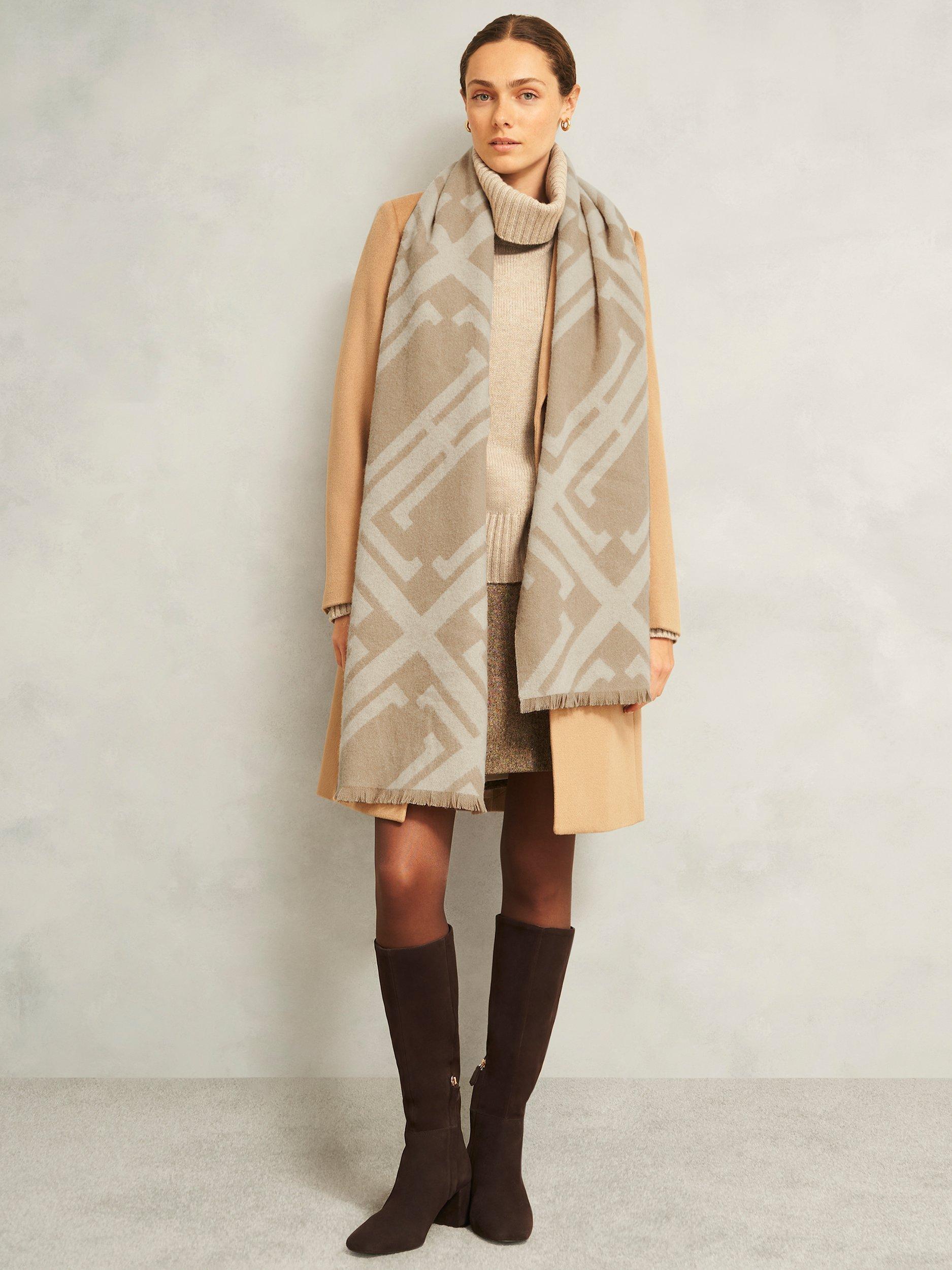 Hobbs Delaney Insignia Pure Wool Scarf, Camel/Cream