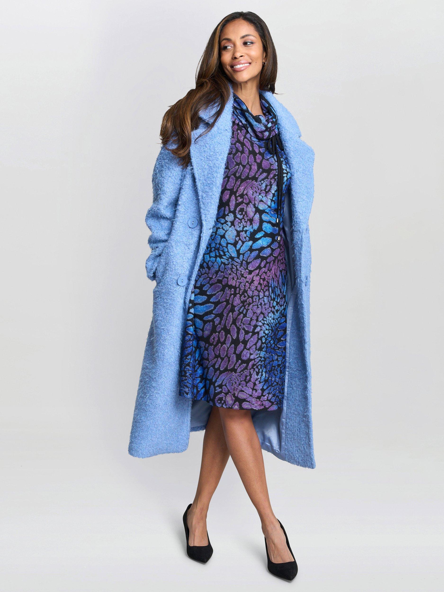 Gina Bacconi Animal Print Long Sleeve Funnel Neck Midi Dress