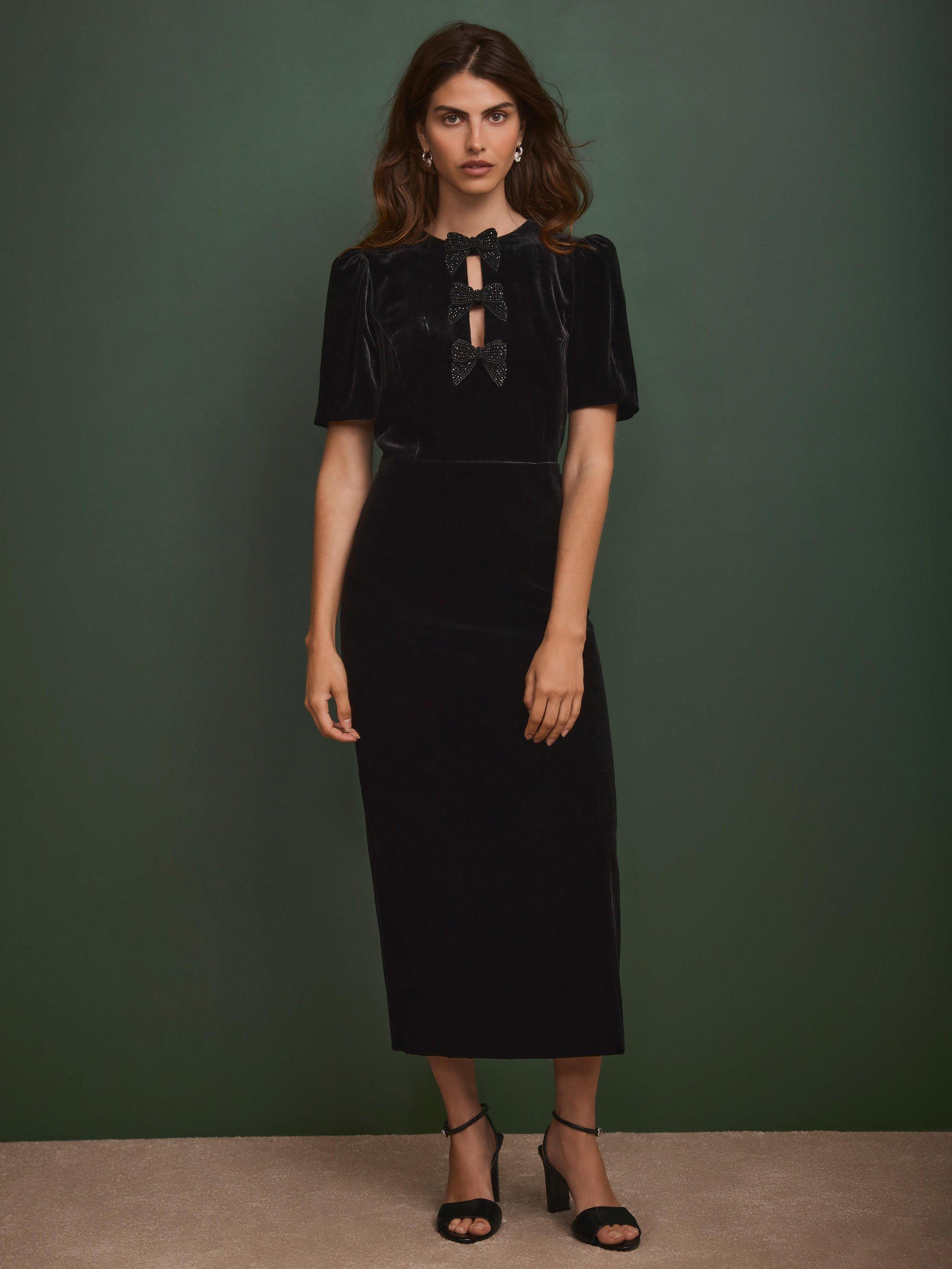 Mint Velvet Velvet Bow Midi Dress, Black
