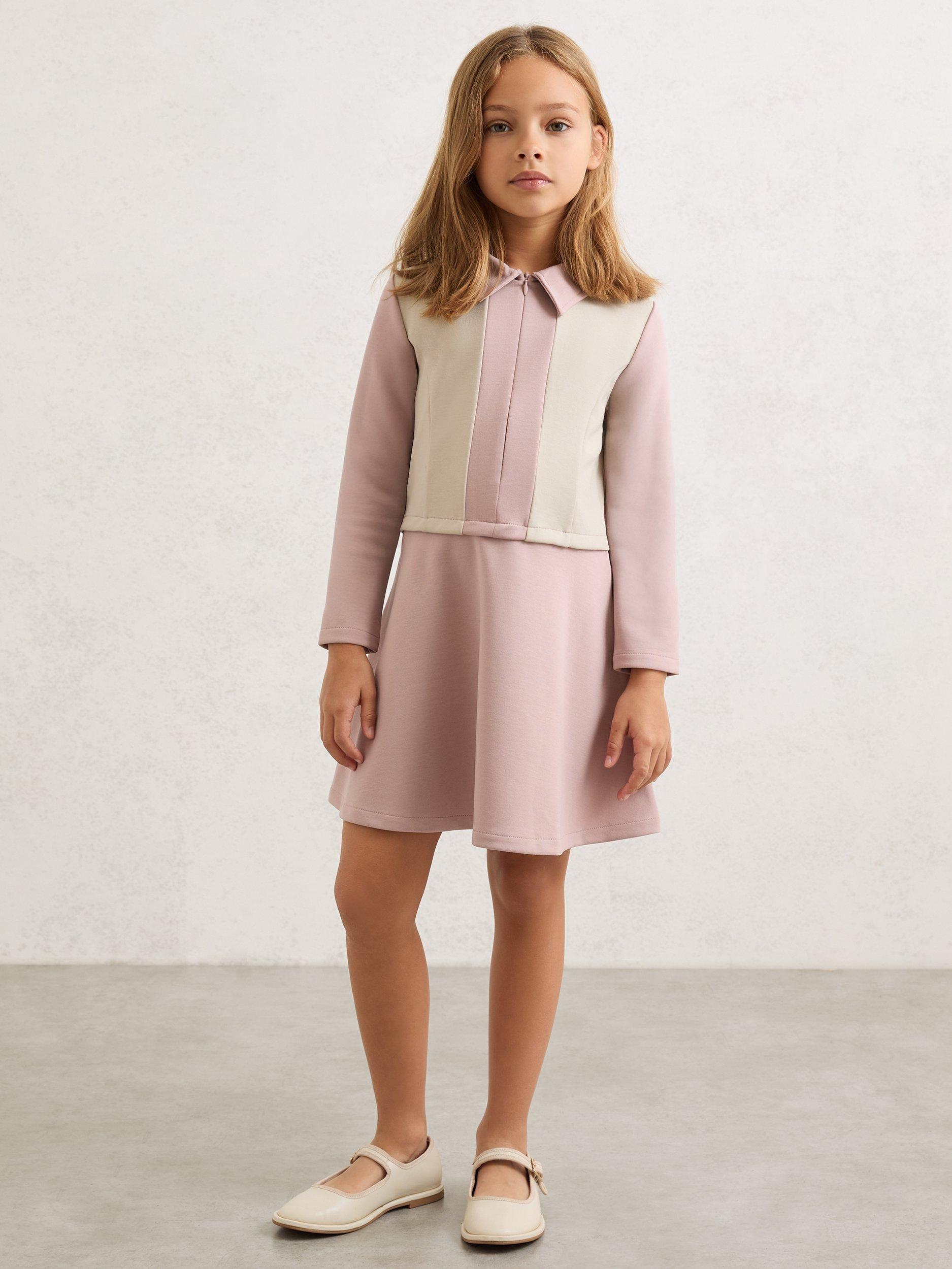 Reiss Kids' Marling Colourblock Interlock Dress, Neutral