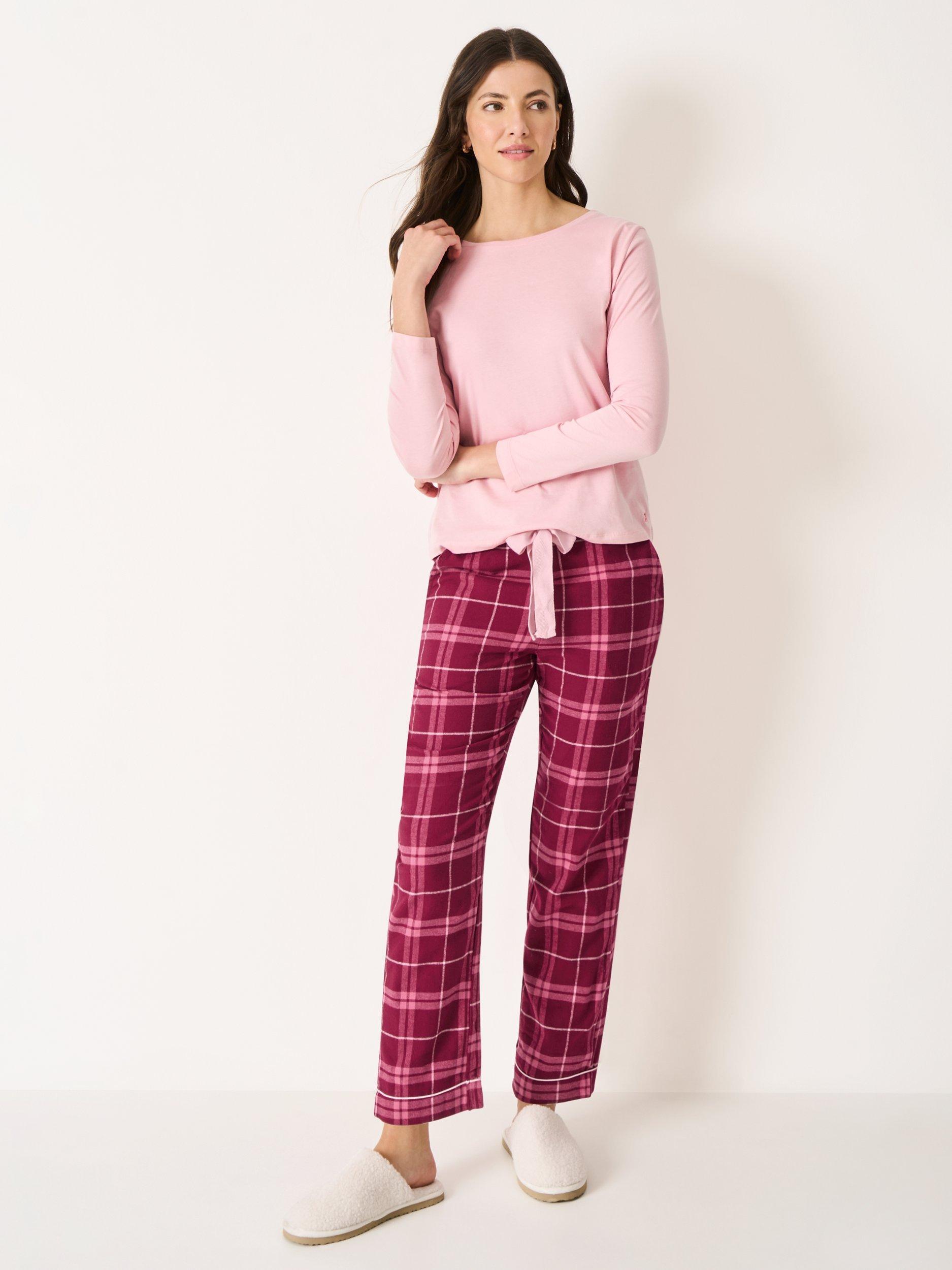 Crew Clothing Check Print Cotton Jersey Flannel PJ Set, Berry Red