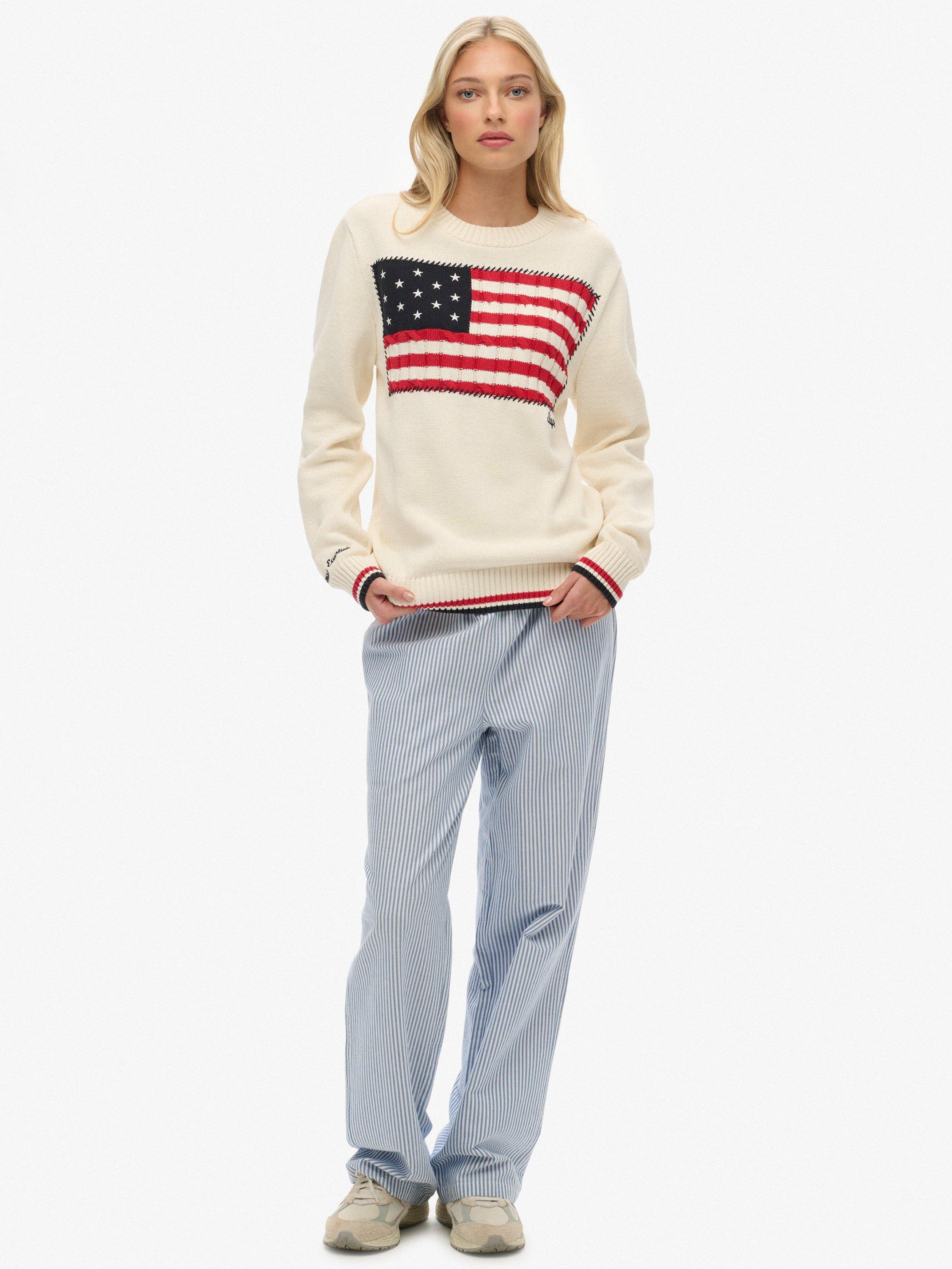Superdry Athletic Essentials Americana Flag Crew Knit Jumper, Cream/Multi