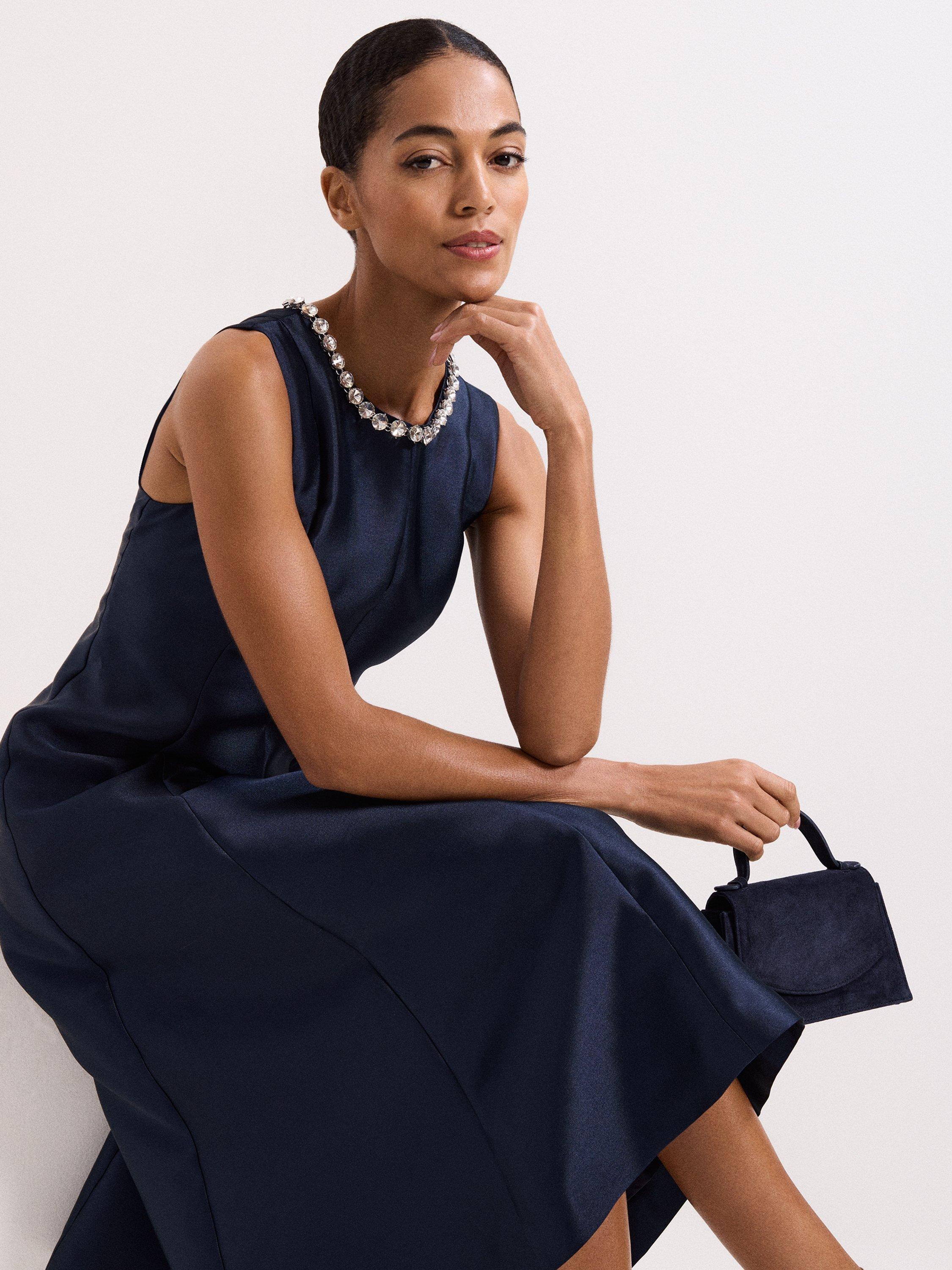 Phase Eight Judy Embellished Neckline Satin Dress, Navy