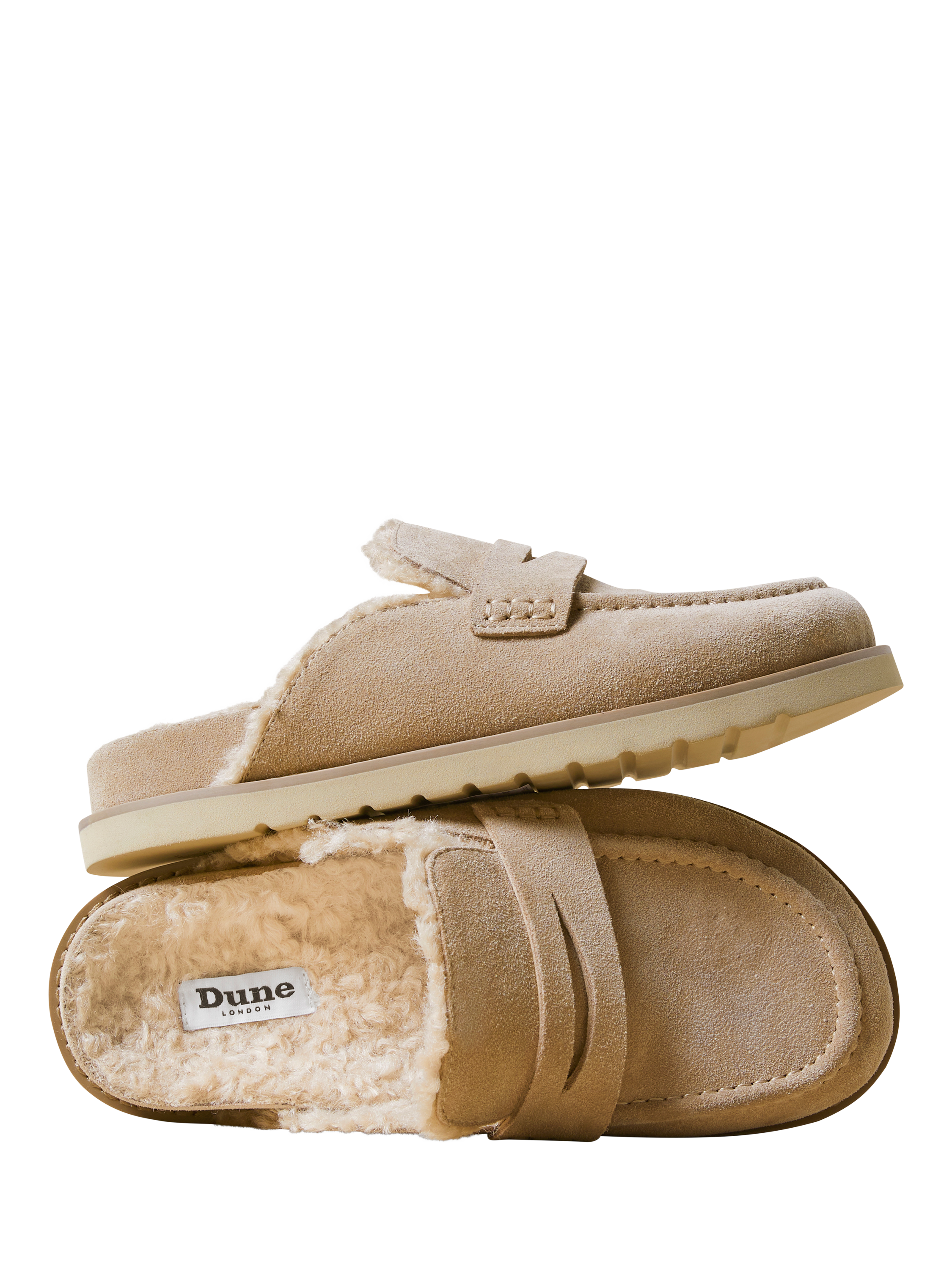 Dune London Goldy Suede Backless Faux Shearling Loafers, Beige