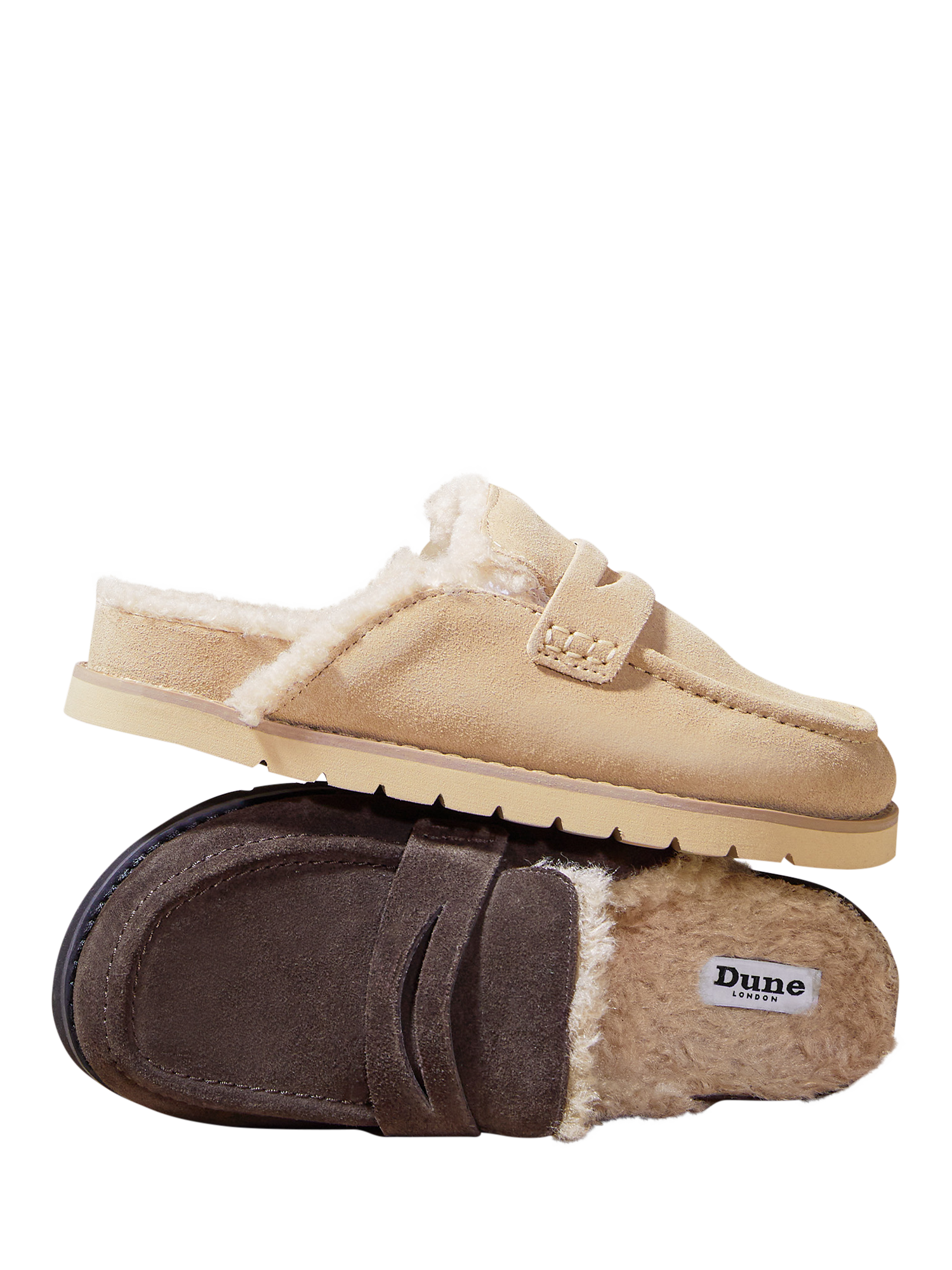 Dune London Goldy Suede Backless Faux Shearling Loafers, Beige