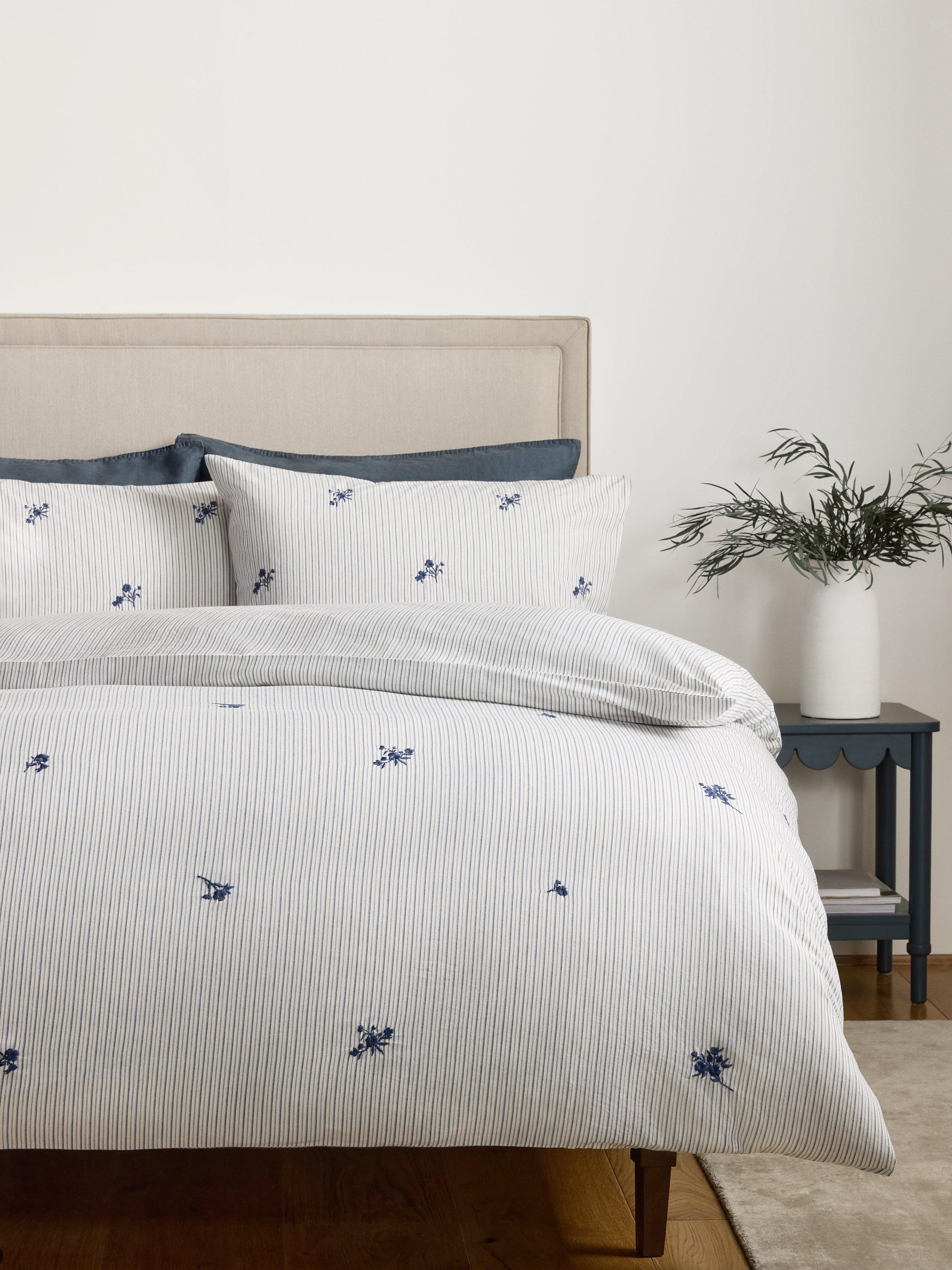 John Lewis Stanton Cotton Floral Stripe Duvet Cover Set, Blue
