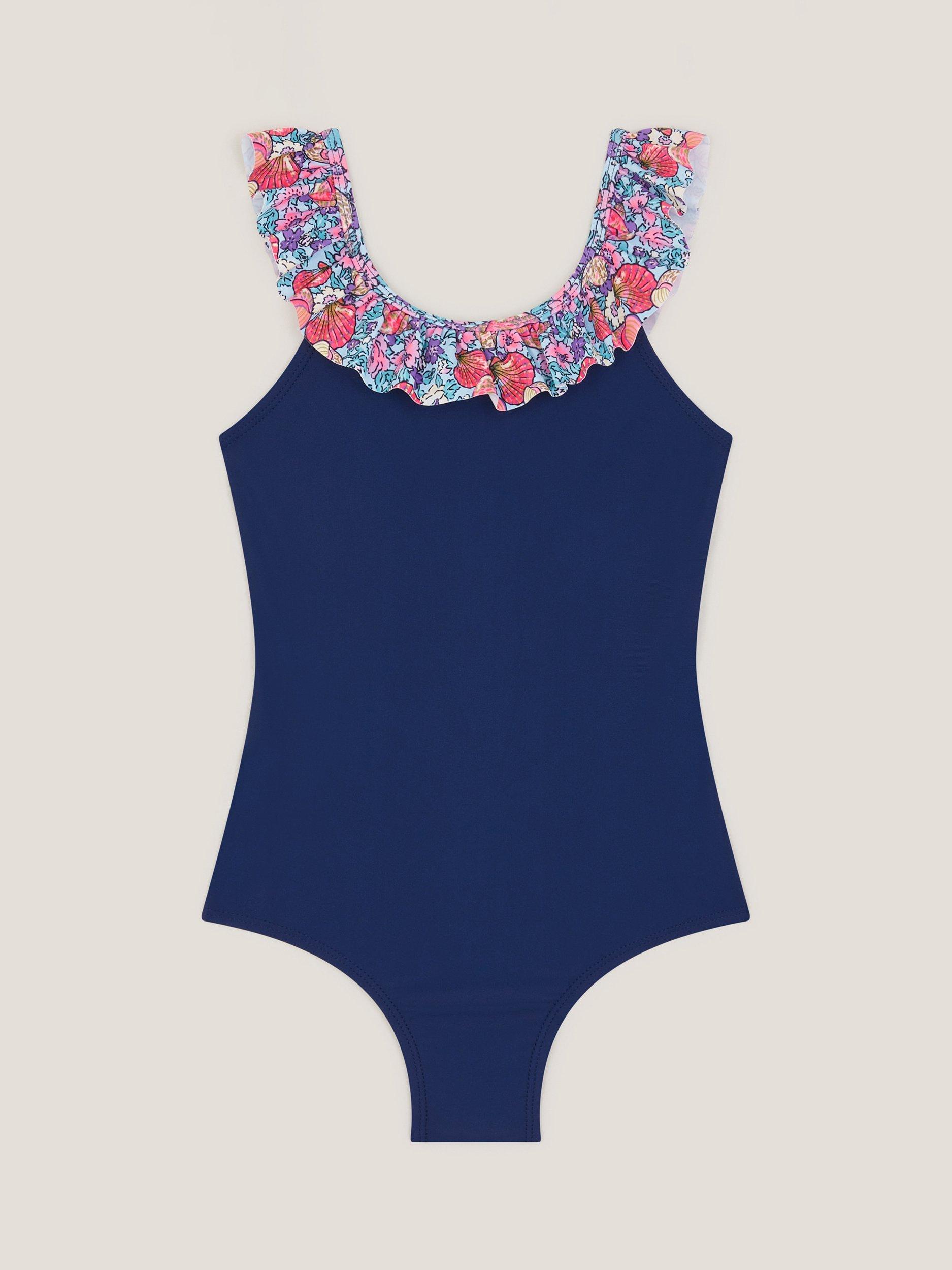 Monsoon Kids' Seashell Floral Frill Swimsuit, Blue