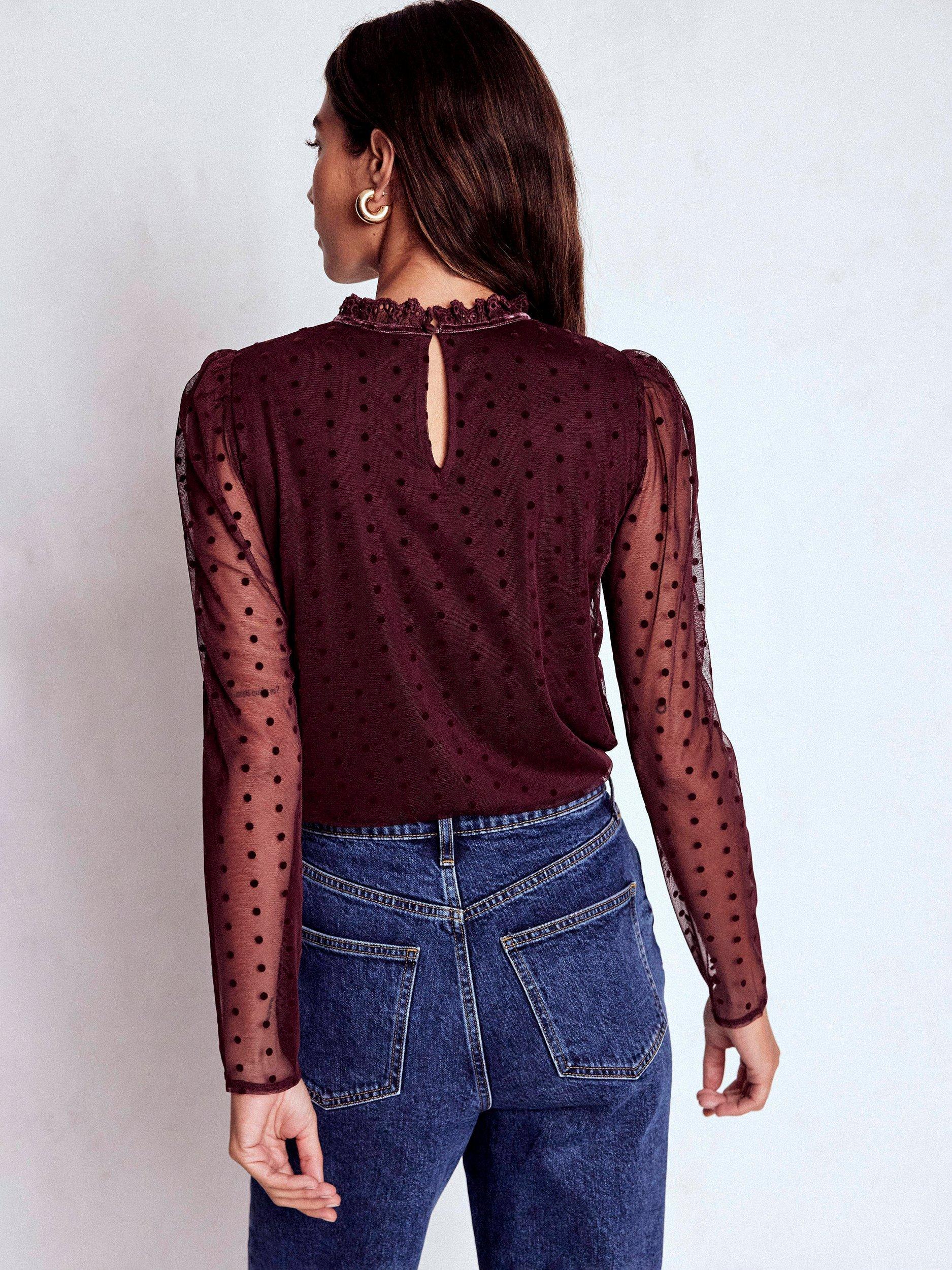Boden Spot Tulle Yoke Embroidered Sheer Sleeve Ruffle Neck Blouse
