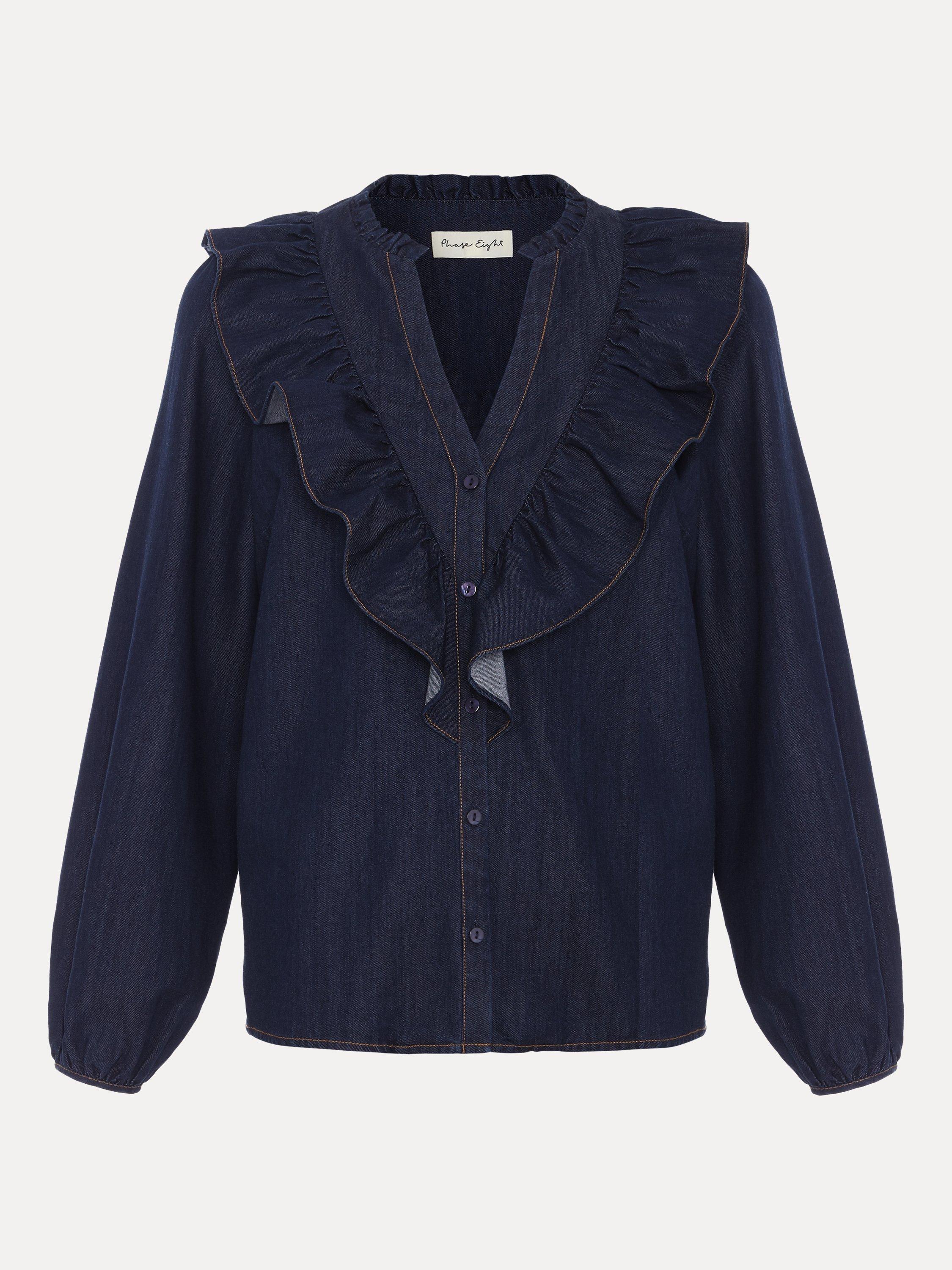 Phase Eight Alexia Ruffle Denim Shirt, Mid Wash Blue