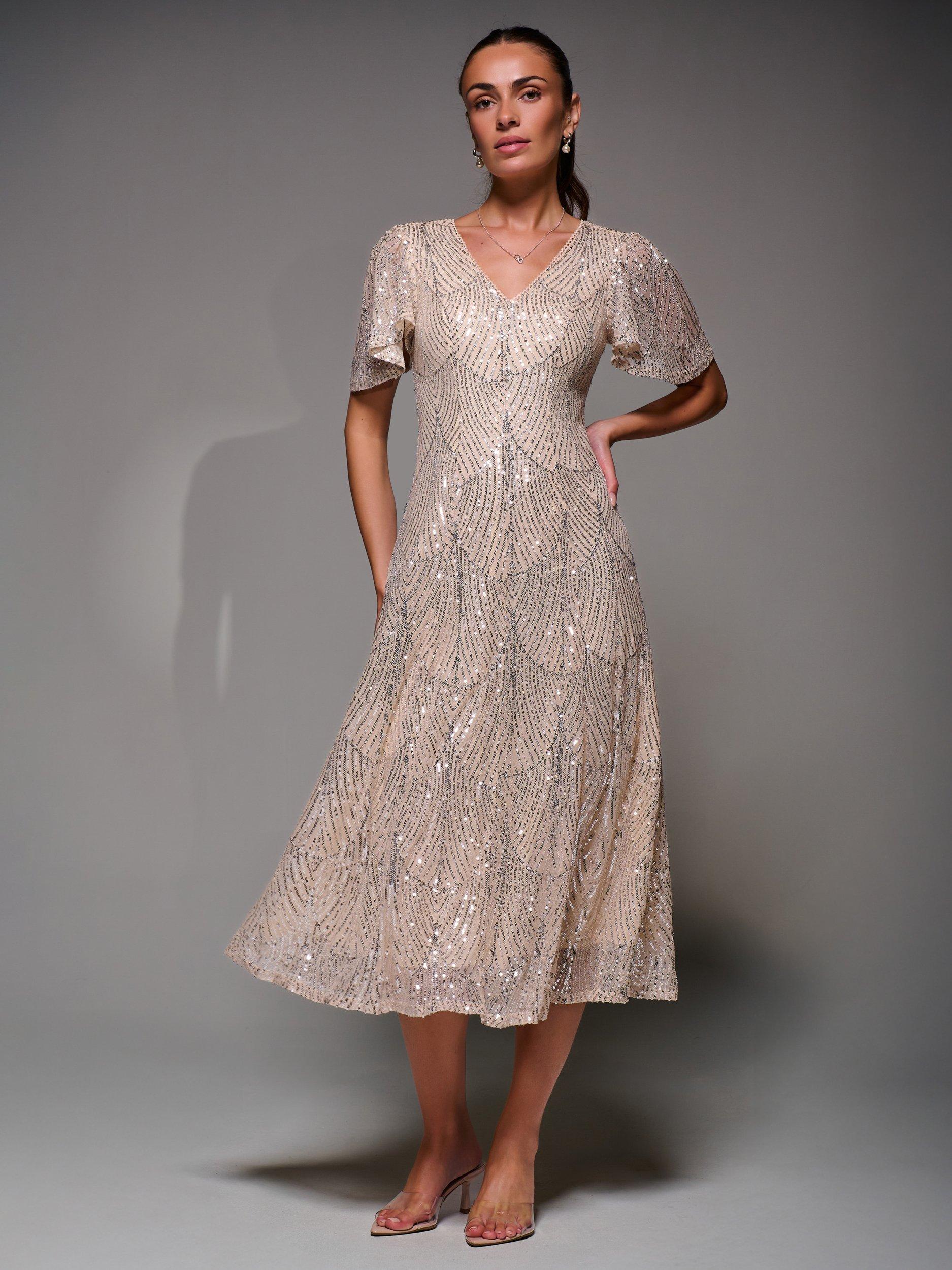 Jolie Moi Sequin Angel Sleeve Dress, Beige/Silver