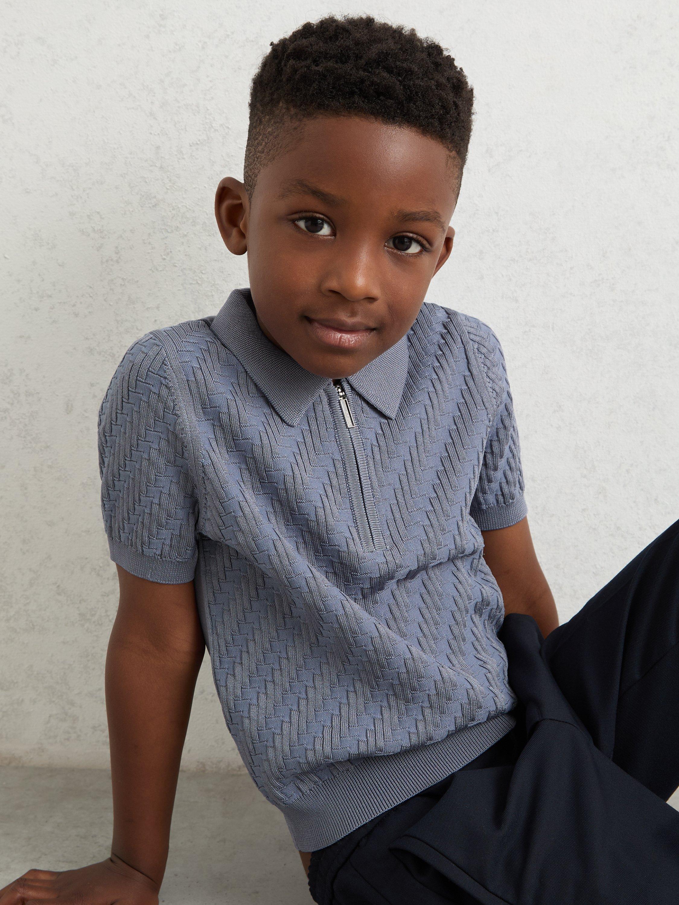 Reiss Kids' Atticus Textured Knit Half Zip Polo Shirt, Airforce Blue