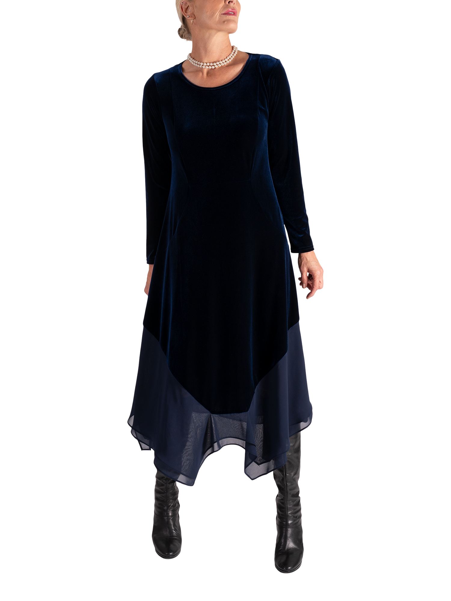 chesca Stretch Velvet Chiffon Trim Midi Dress, Navy
