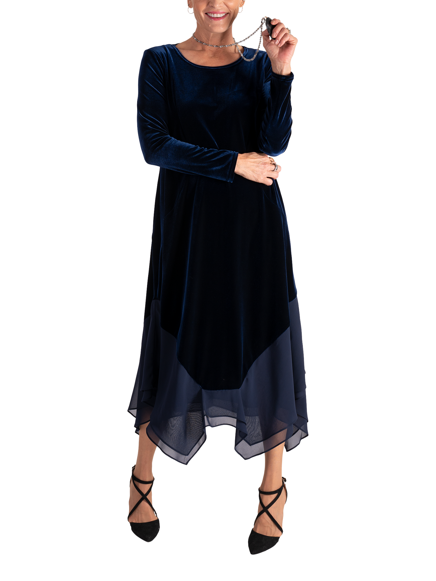 chesca Stretch Velvet Chiffon Trim Midi Dress, Navy
