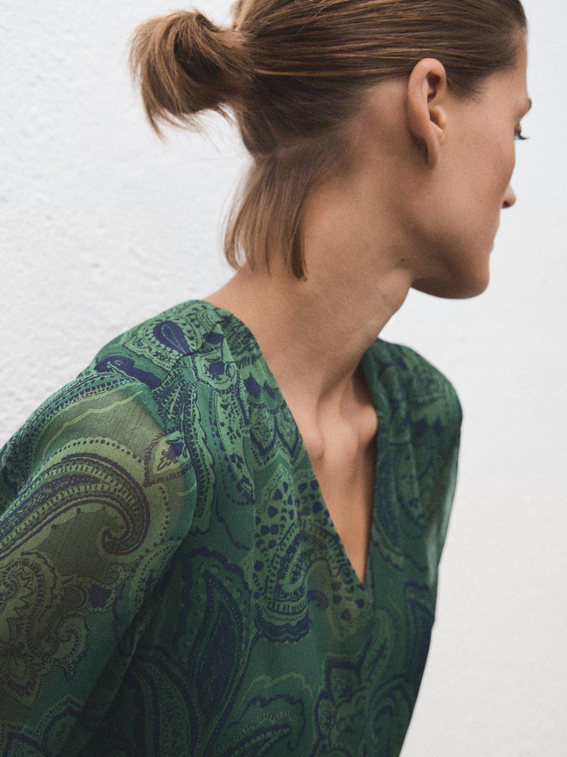 Mango Divine A-Line Paisley Print V-Neck Mifi Dress, Green, 14