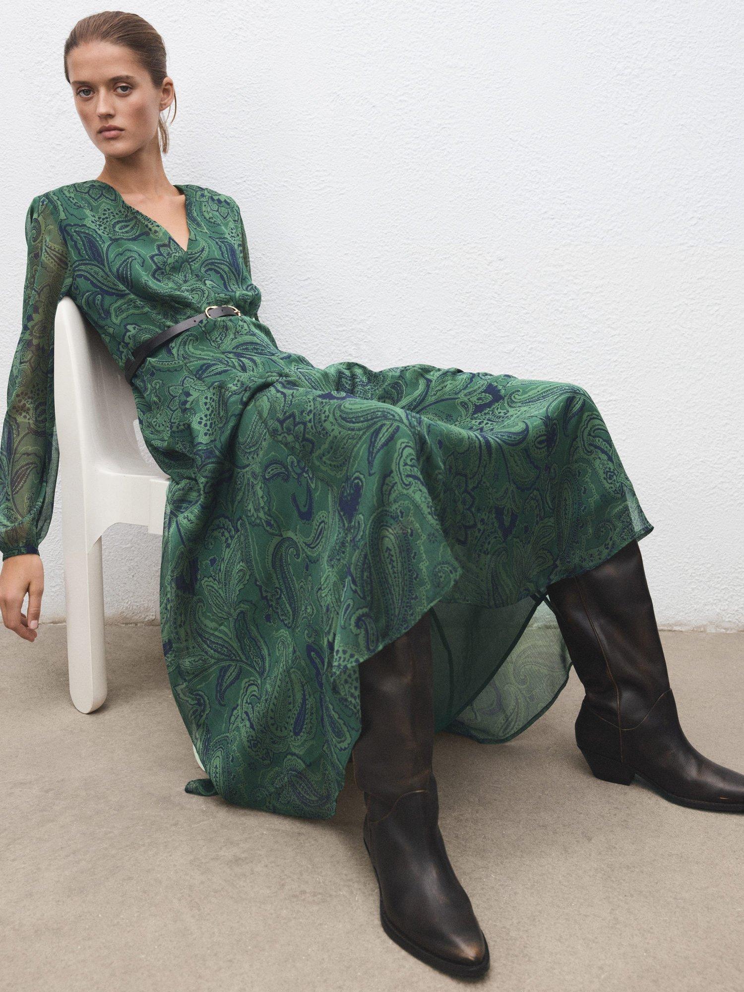 Mango Divine A-Line Paisley Print V-Neck Mifi Dress, Green, 14