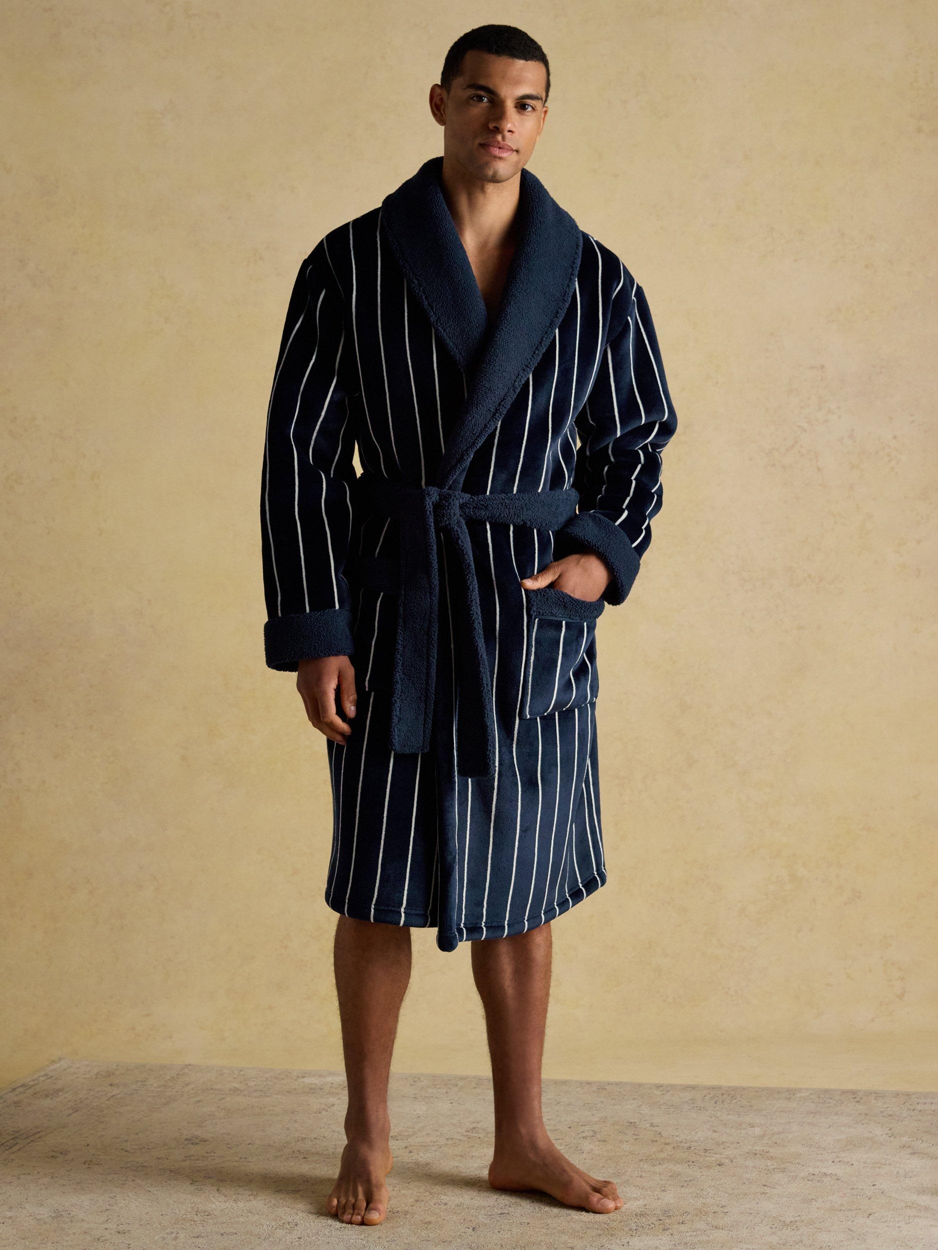 Joules Montague Stripe Fleece Dressing Gown, Navy