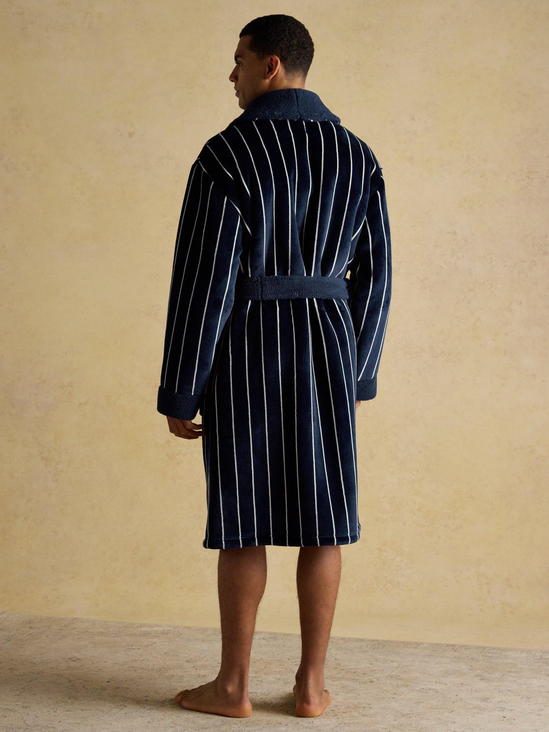 Joules Montague Stripe Fleece Dressing Gown, Navy