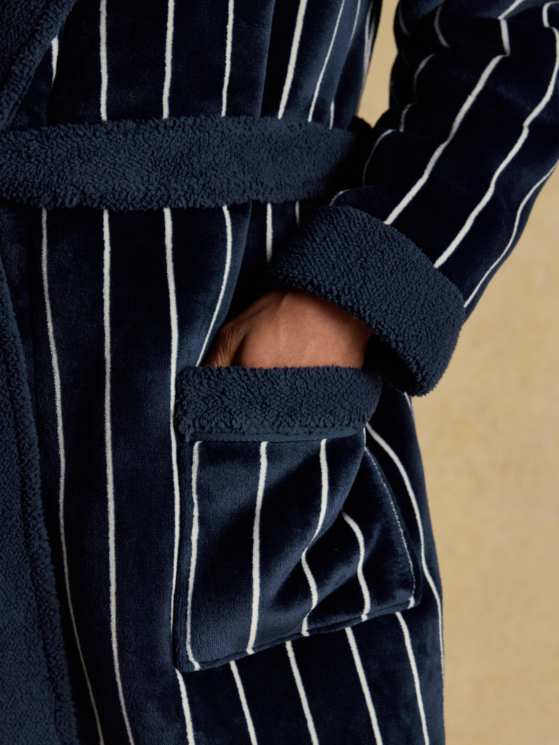 Joules Montague Stripe Fleece Dressing Gown, Navy