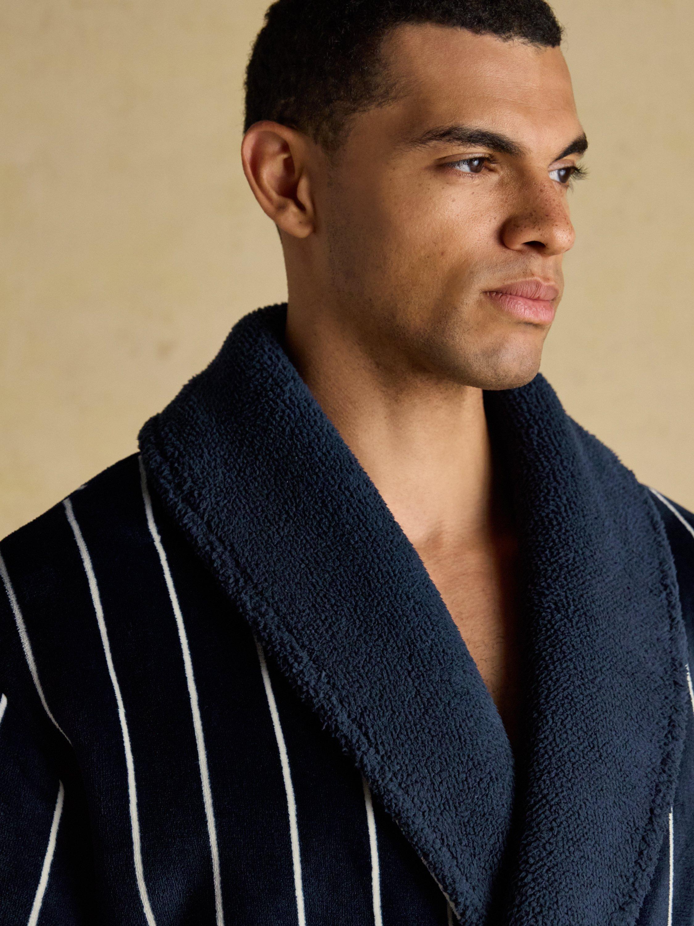 Joules Montague Stripe Fleece Dressing Gown, Navy