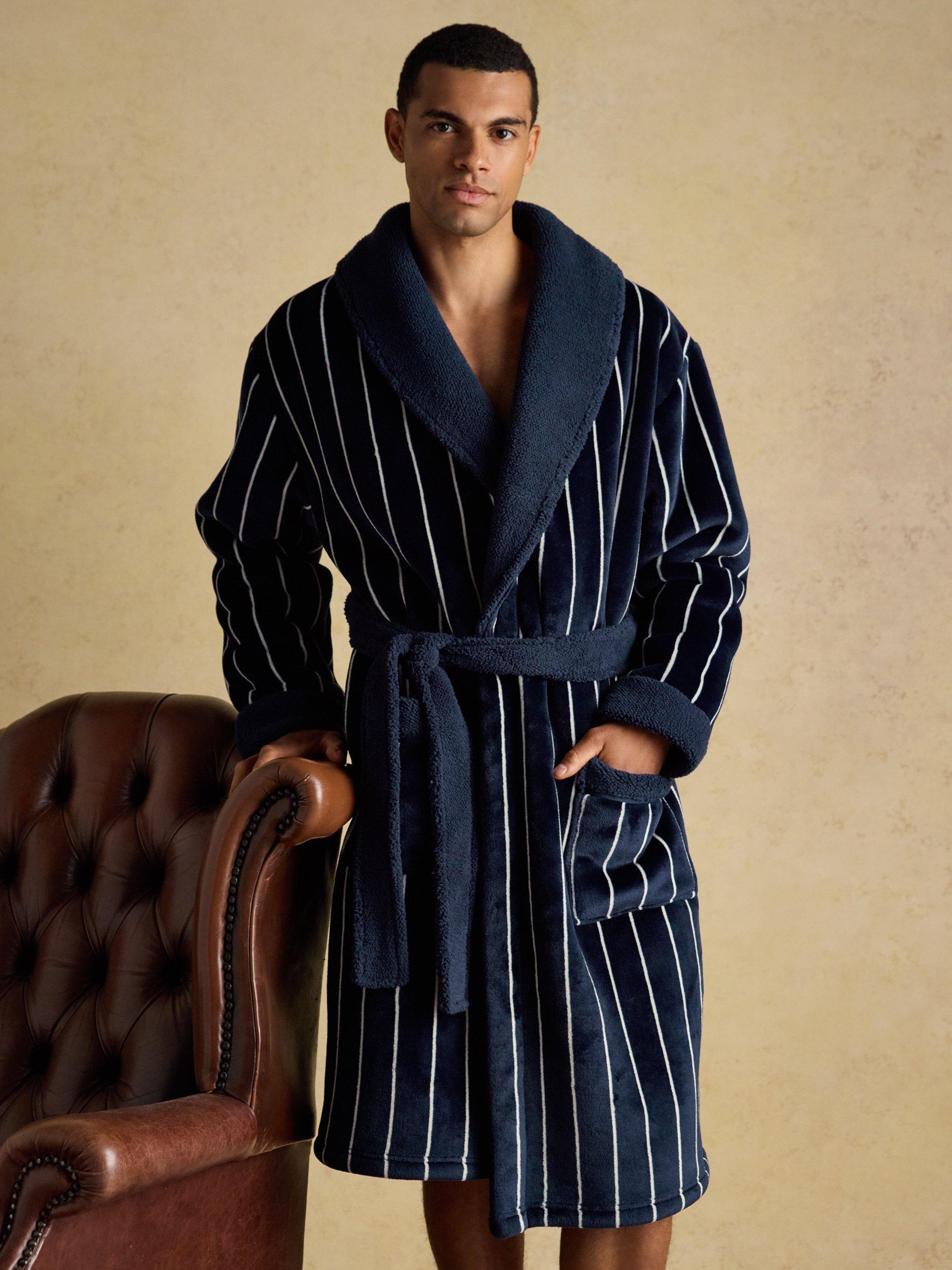 Joules Montague Stripe Fleece Dressing Gown, Navy