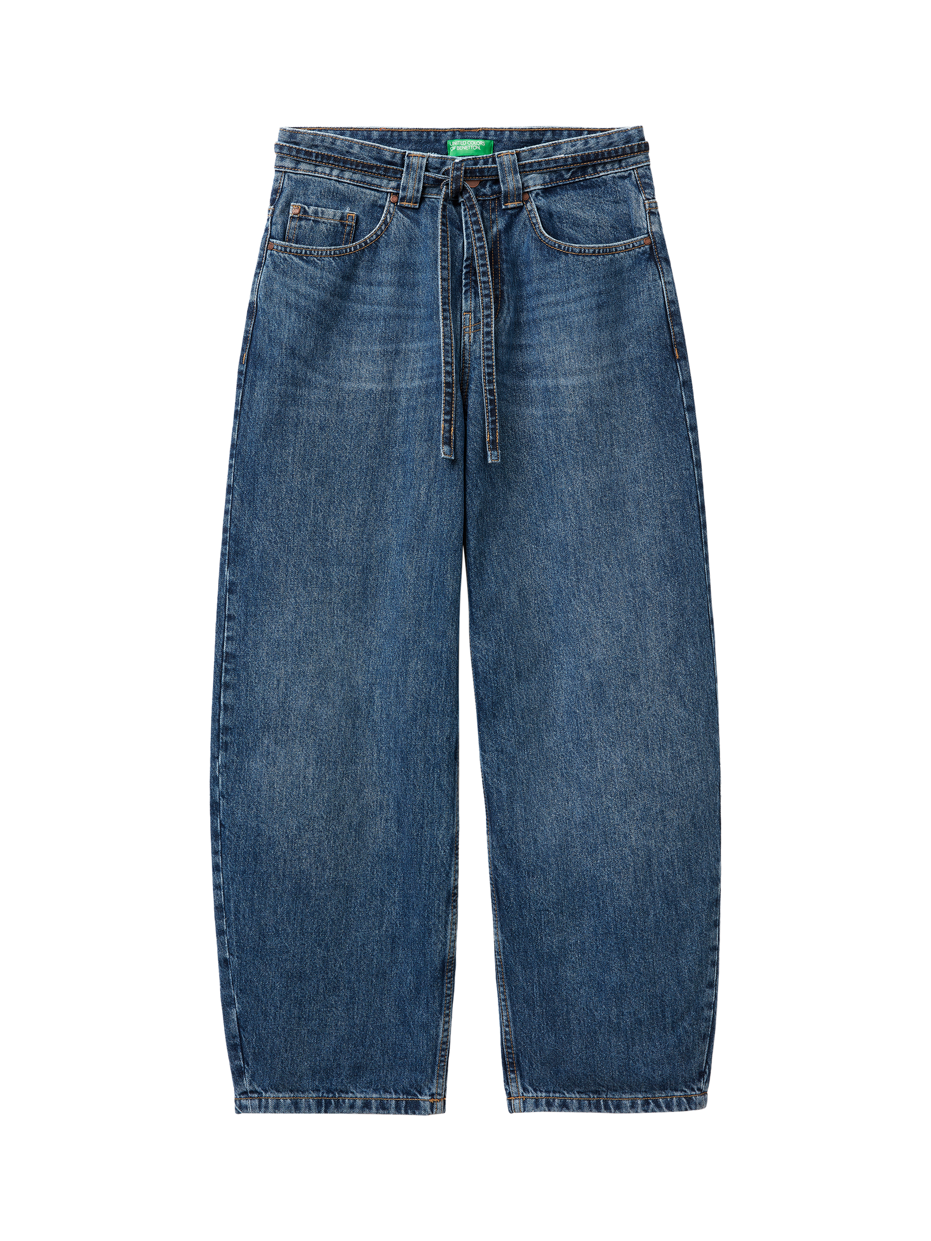 Benetton Barrel Leg Tie Belt Denim Jeans, Blue