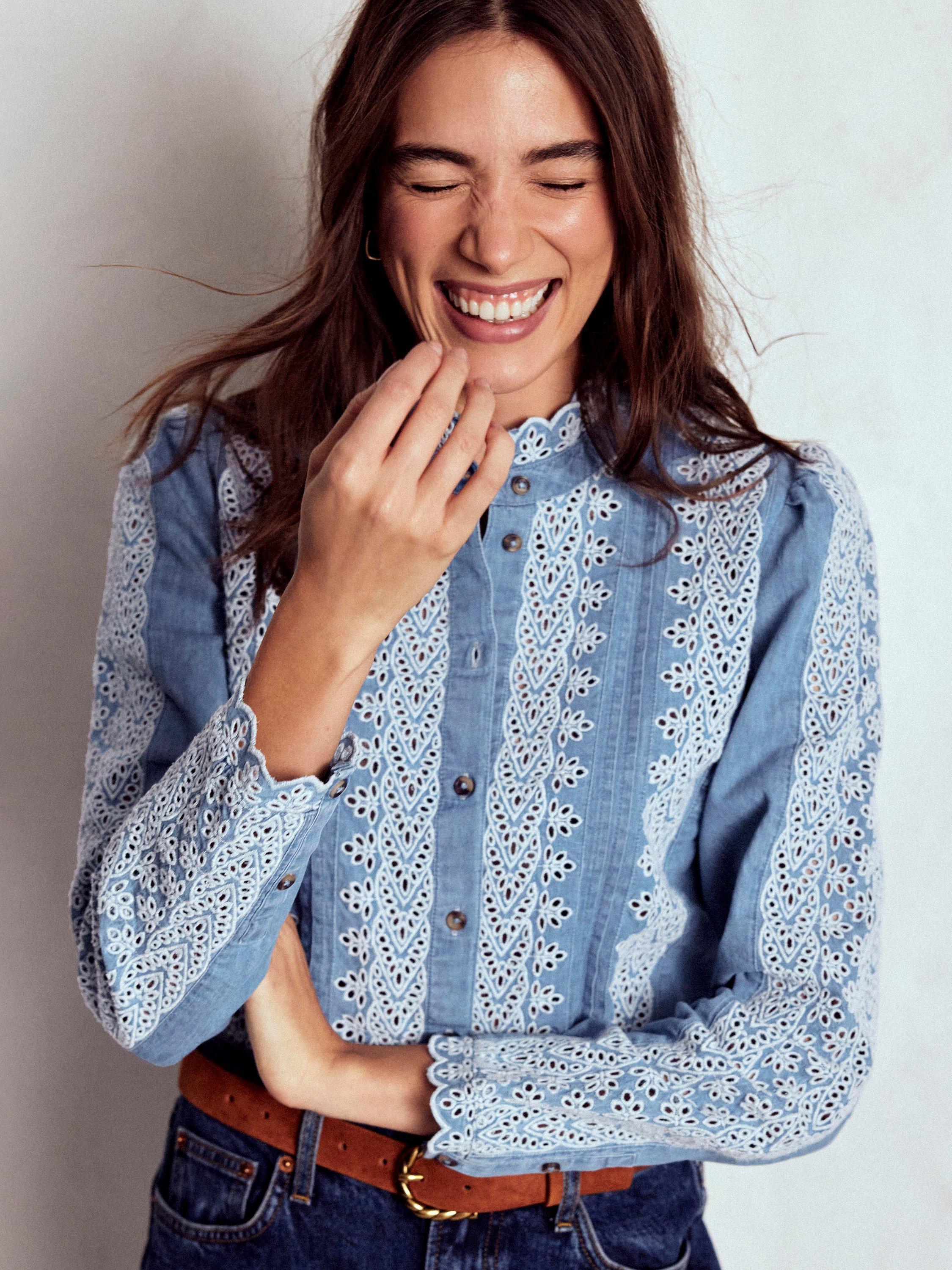 Boden Savannah Broderie Denim Shirt, Chambray
