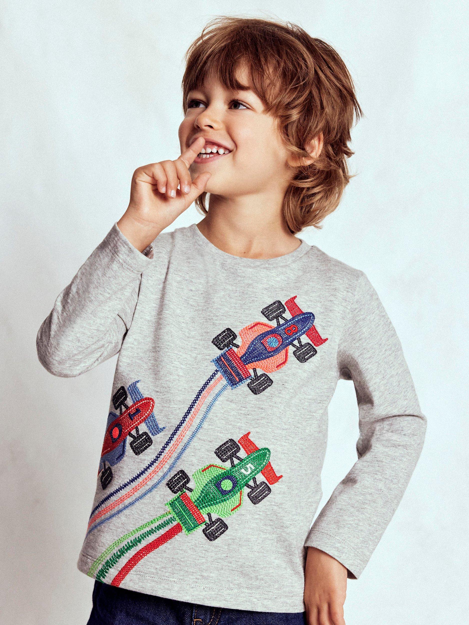Mini Boden Kids' Cotton Super Stitch Long Sleeved T-Shirt, Racing Cars