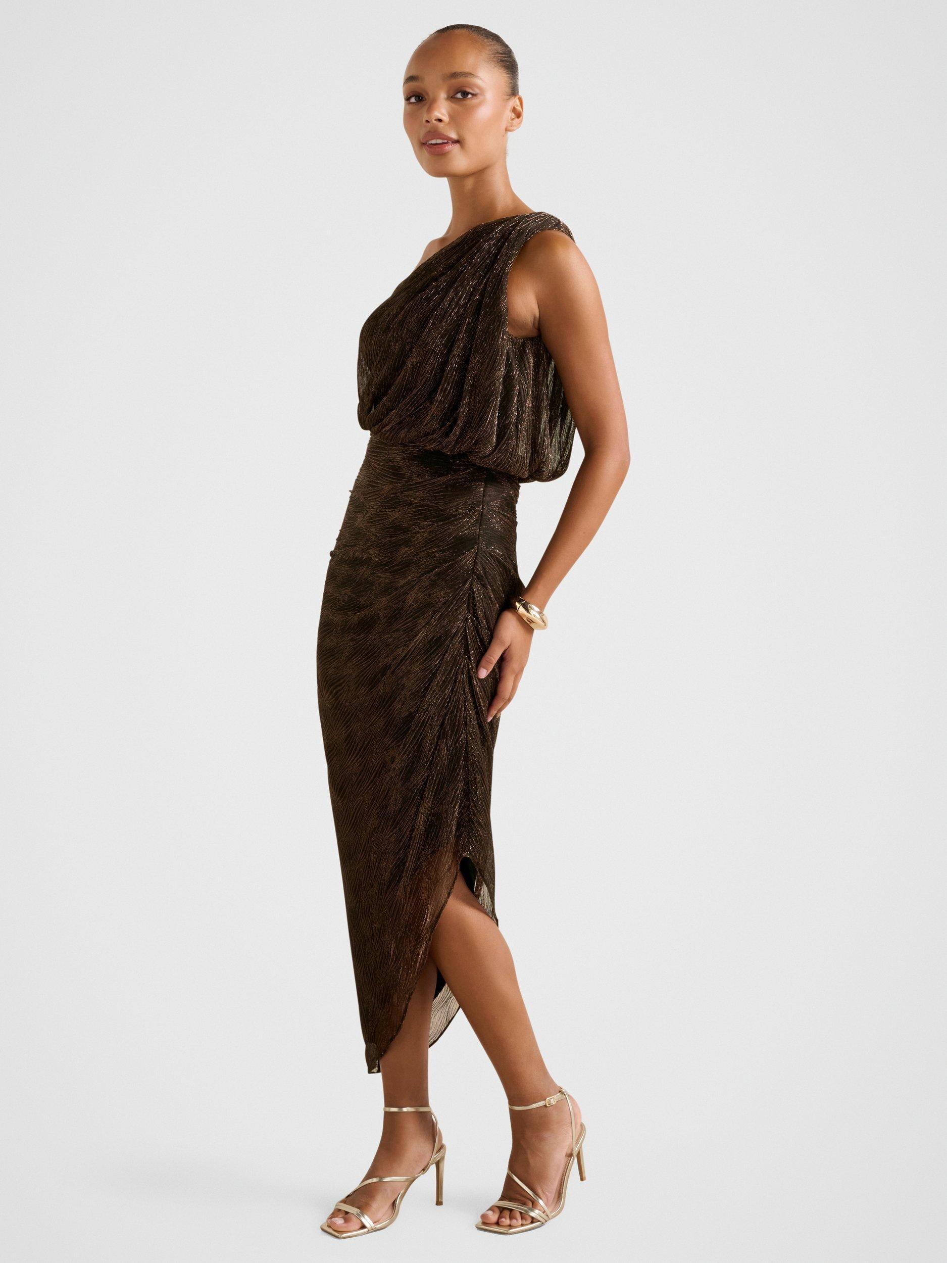 Forever New Cassidy One Shoulder Plisse Midi Dress, Bronze