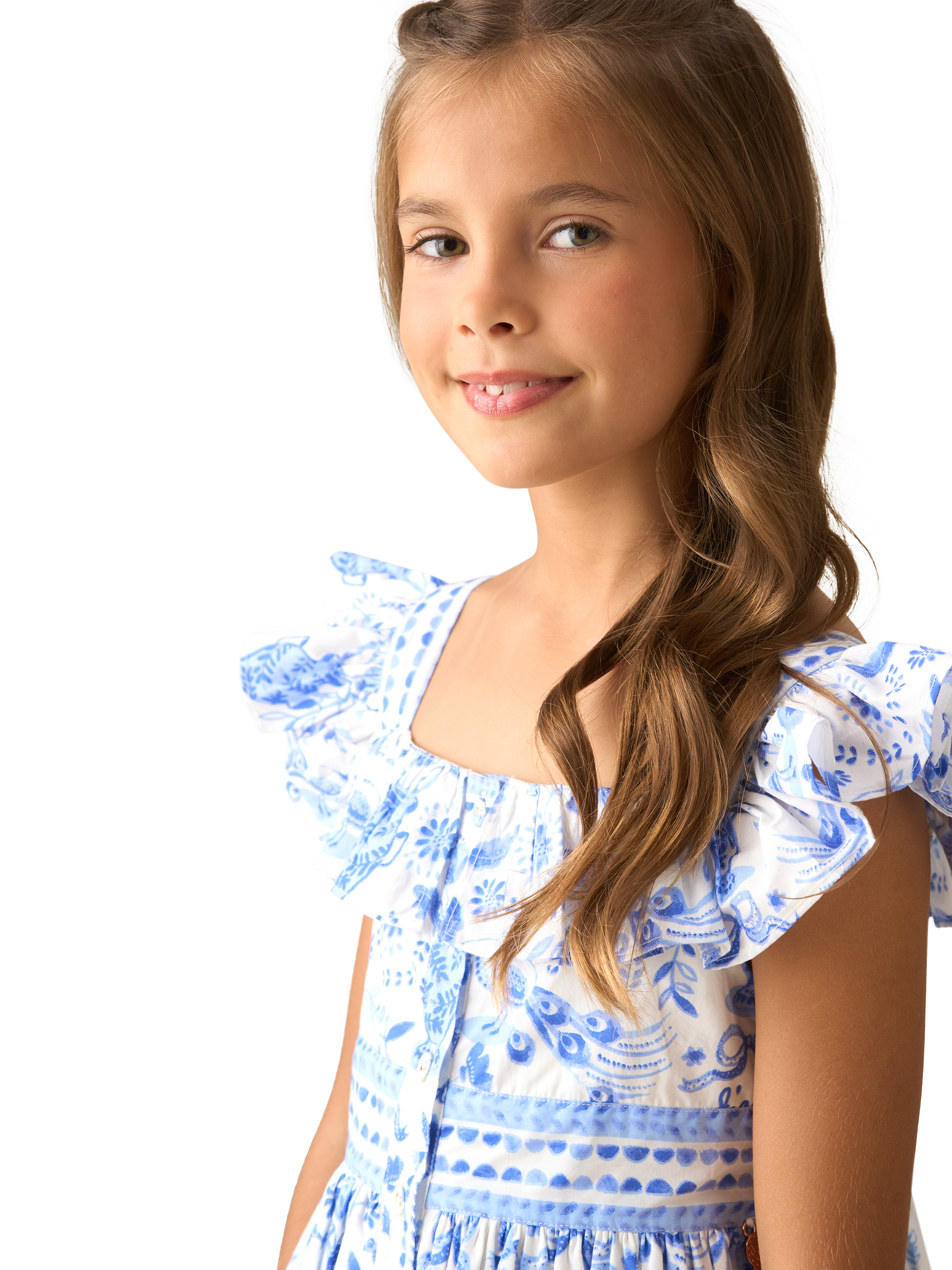 Angel & Rocket Kids' Pure Cotton Ruffle Sleeve Printed Dress, Blue