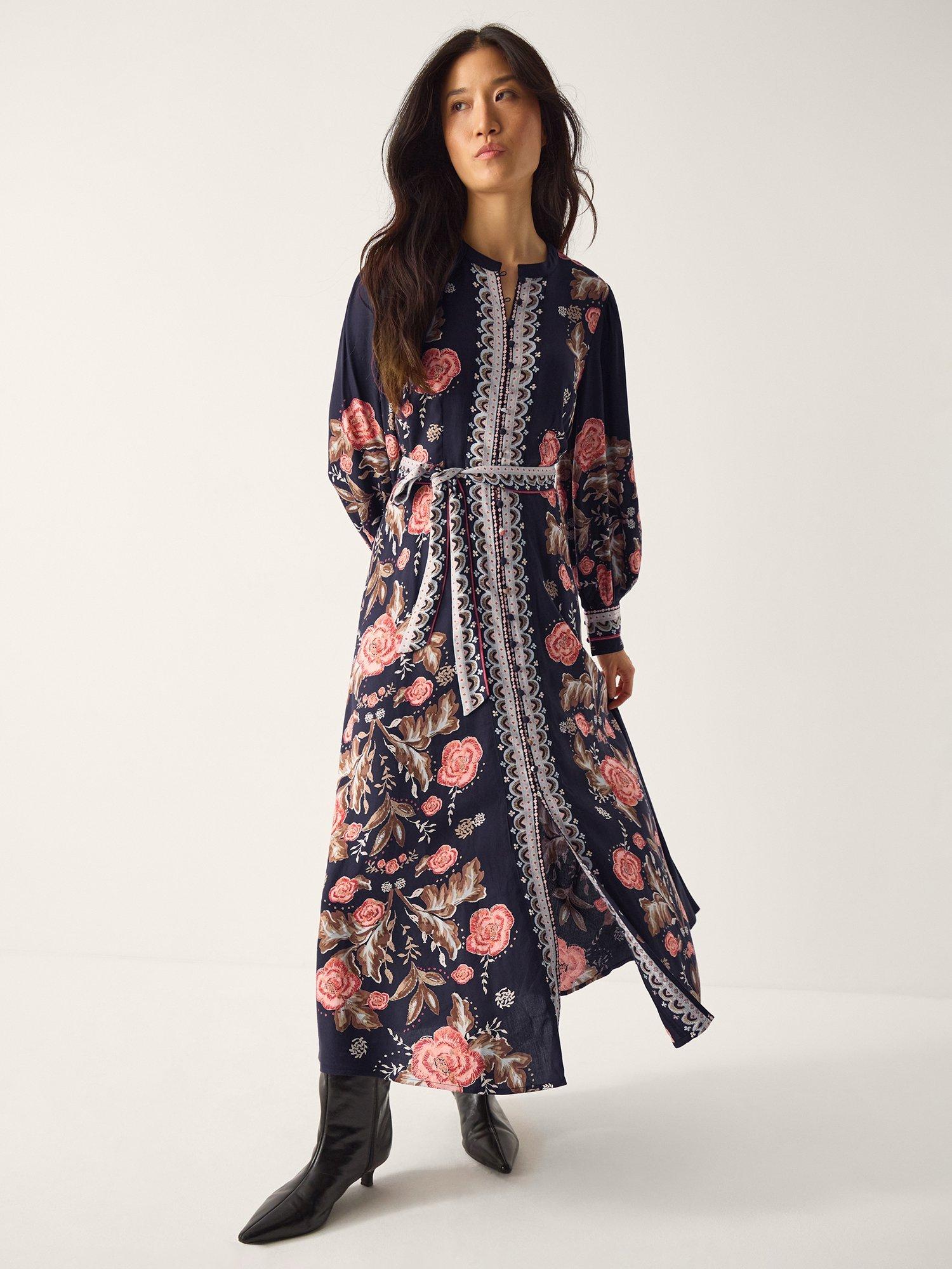 Monsoon Rosalie Floral Shirt Midi Dress, Navy