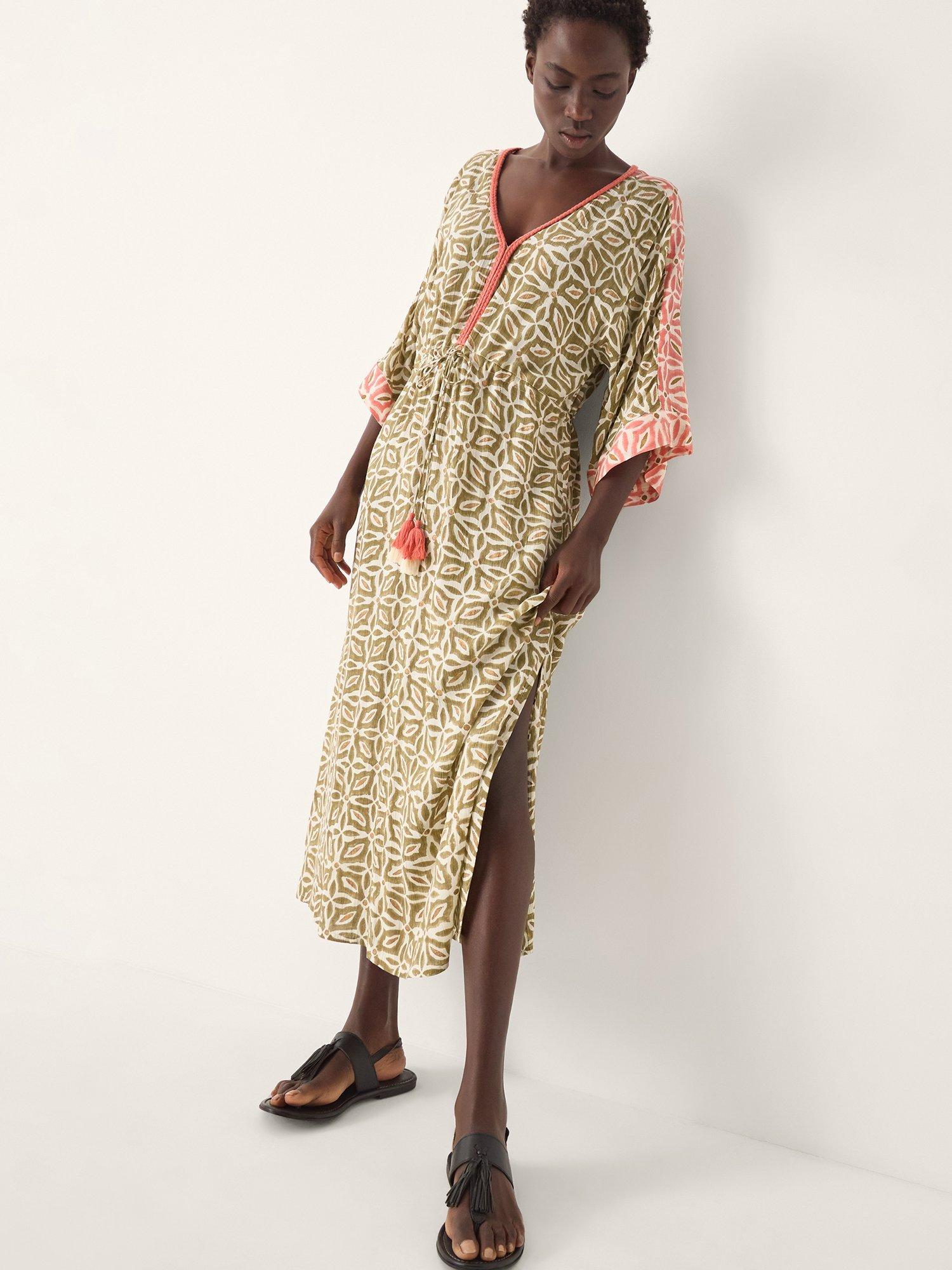 Monsoon Elma Floral Beach Midi Dress, Khaki