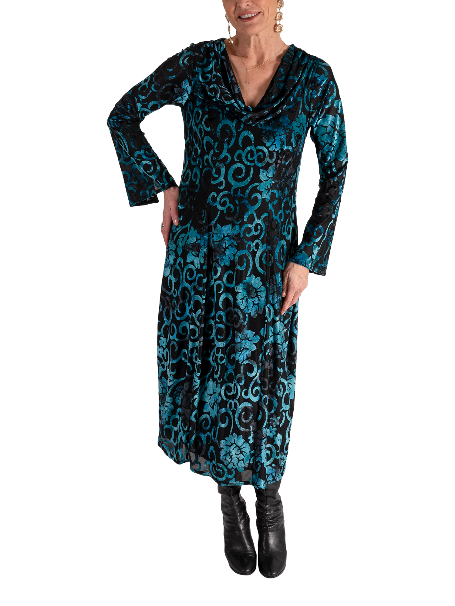 chesca Jardin Velvet Filigree Floral Midi Dress, Teal/Black