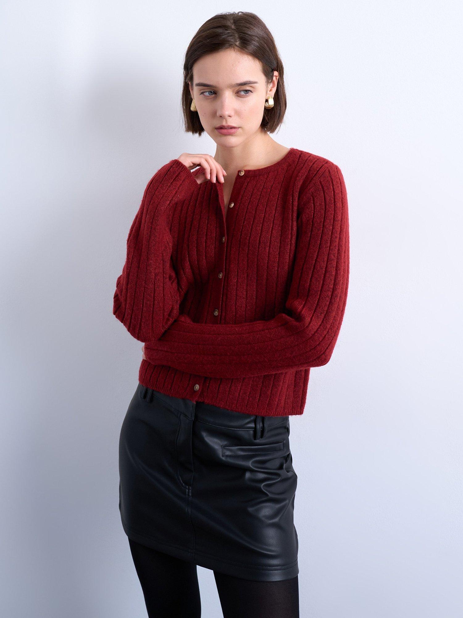 Topshop Round Neck Rib Knit Cardigan, Red, M