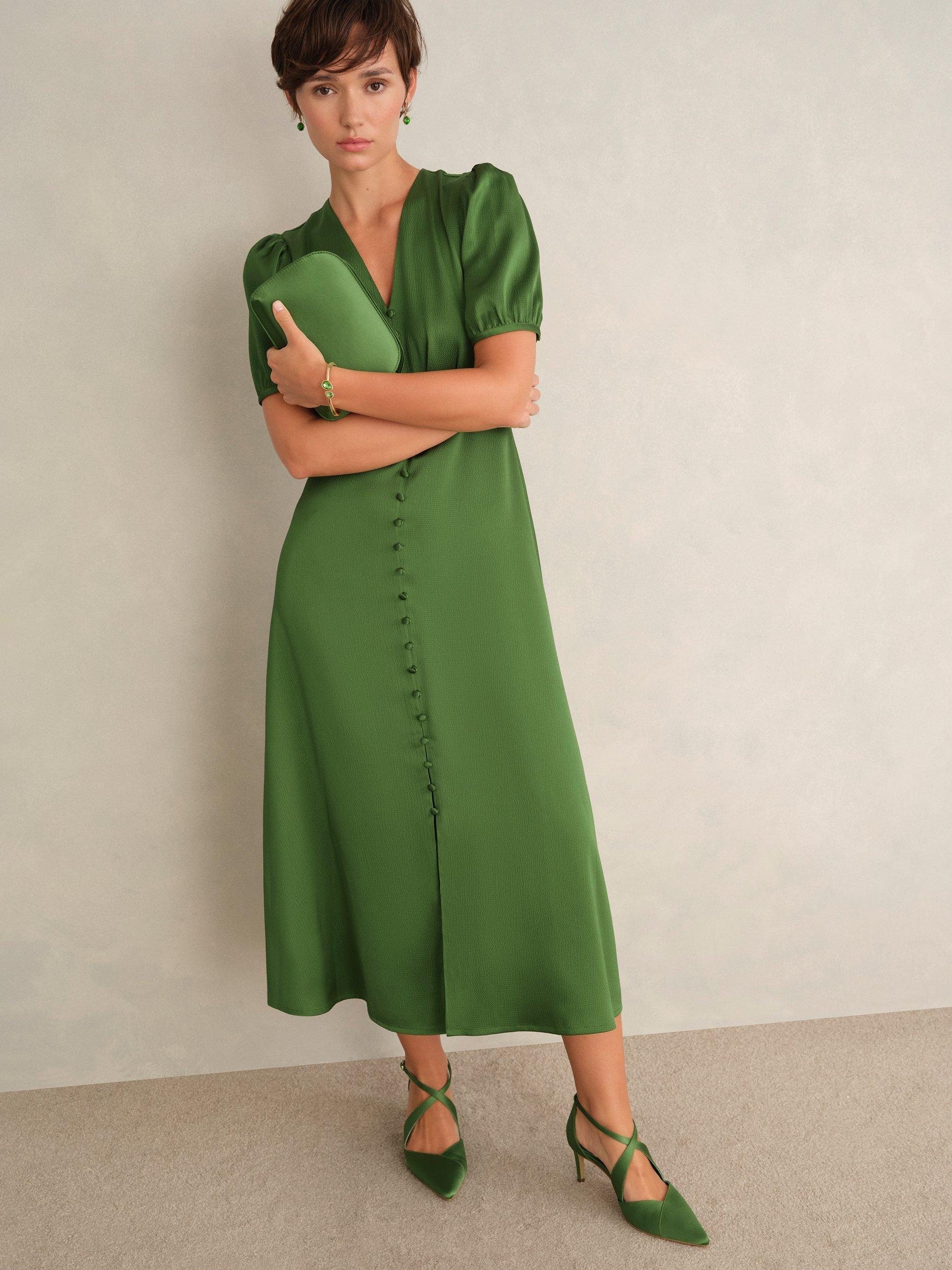 Hobbs Isabelle Hammered Satin Midi Dress, Bay Leaf Green