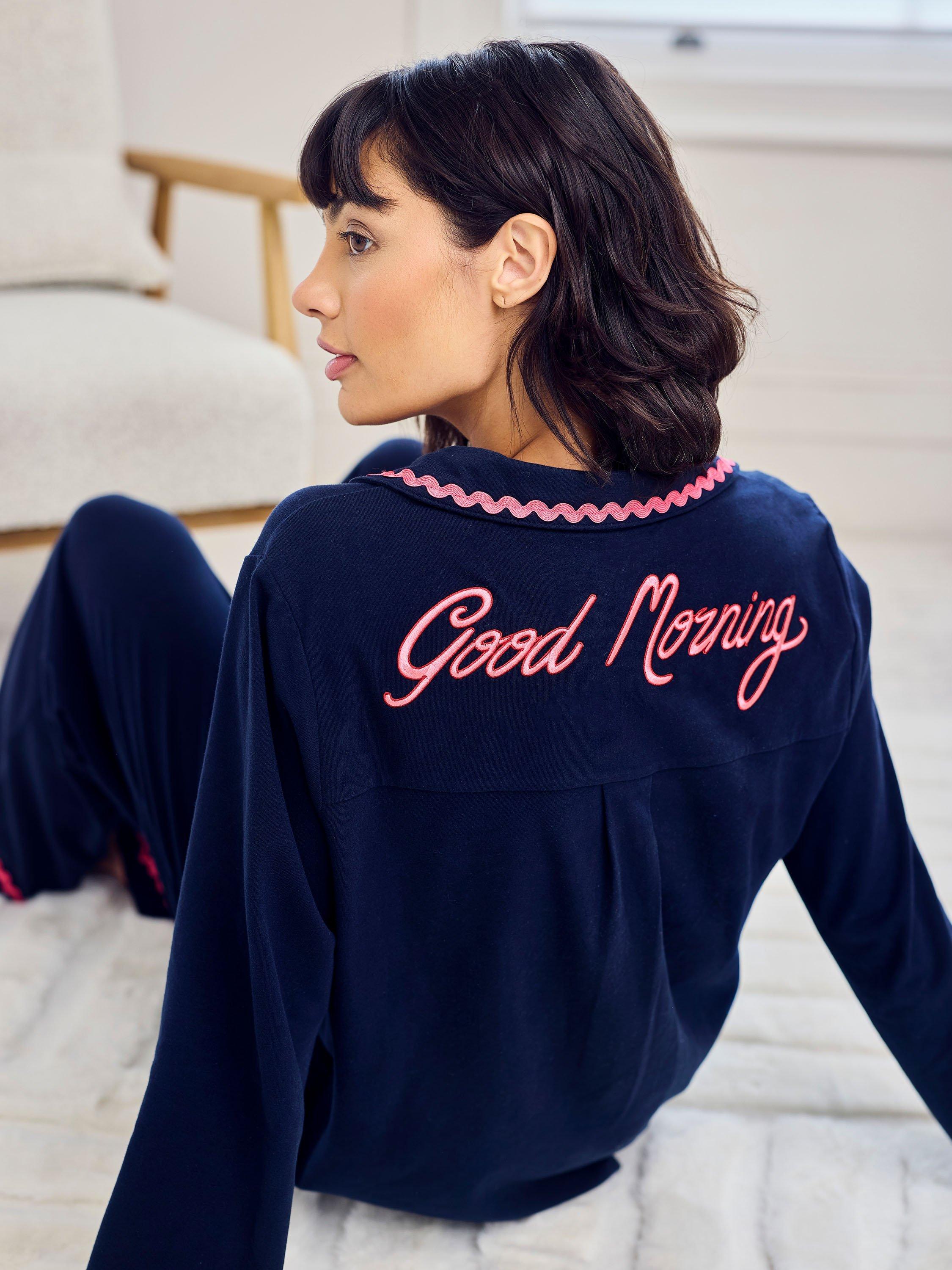 Chelsea Peers Good Morning Button Through Long Pyjama Set, Navy/Pink