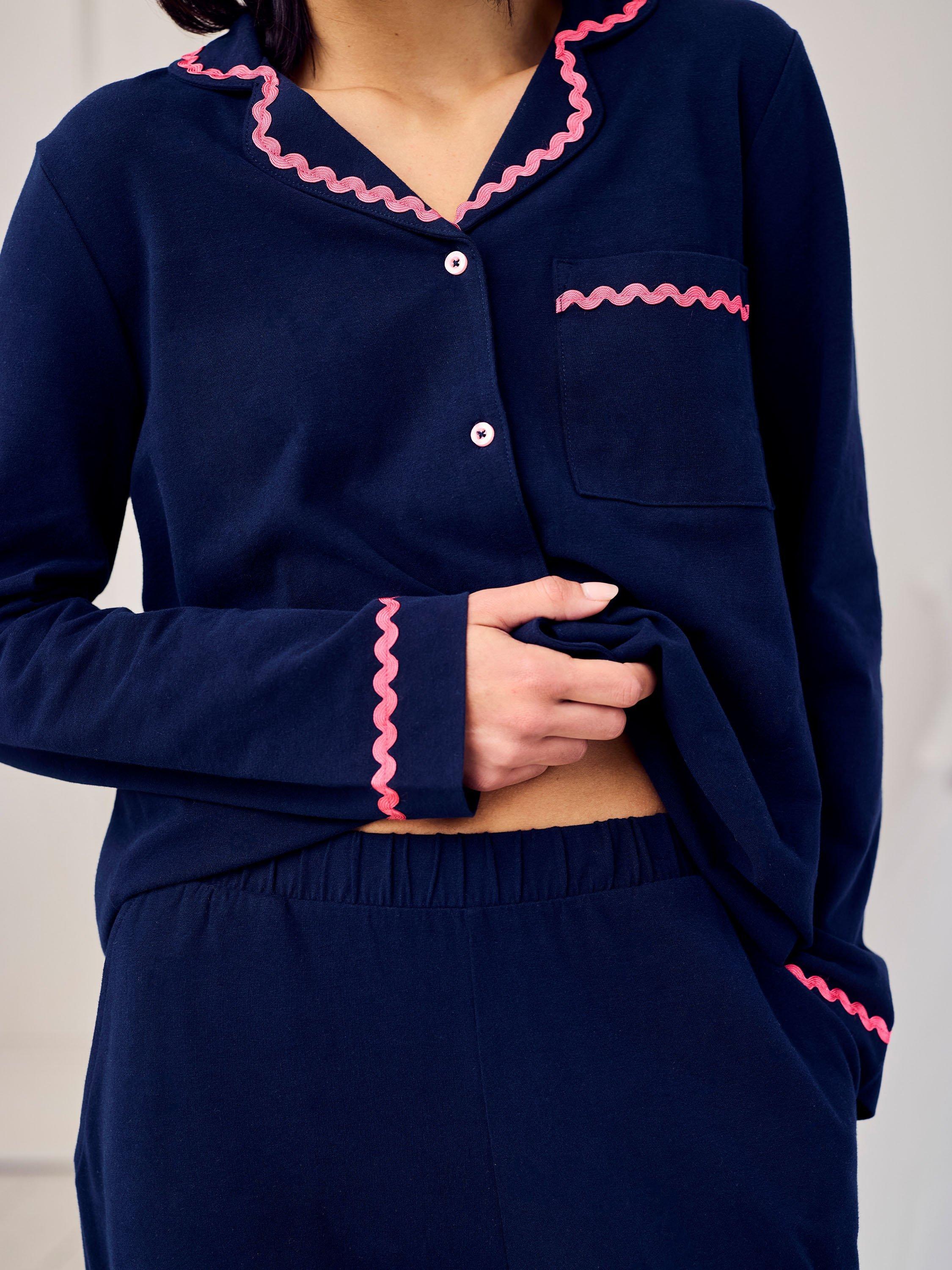 Chelsea Peers Good Morning Button Through Long Pyjama Set, Navy/Pink