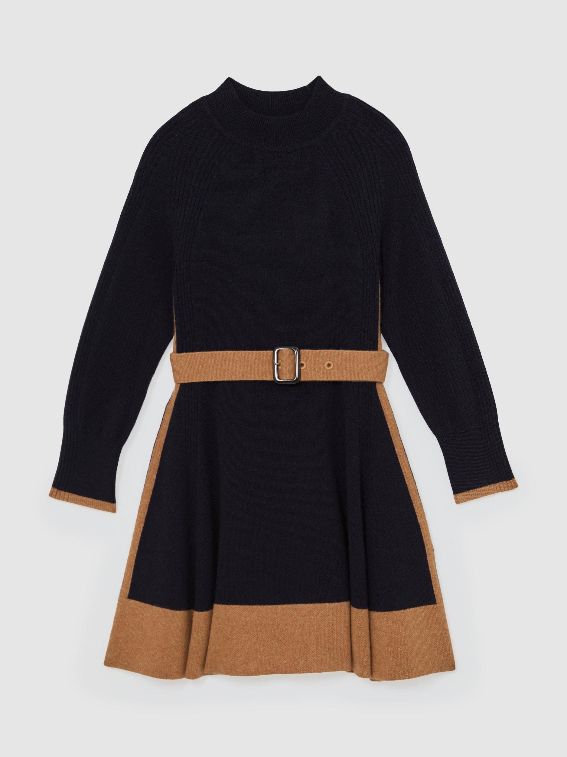 Reiss Kids' Margaret Wool Blend Belted Knit Dress, Navy
