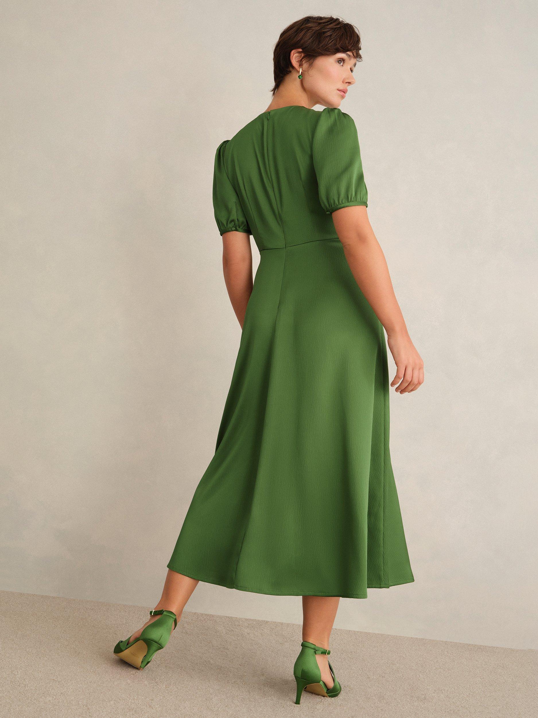 Hobbs Petite Isabelle Hammered Satin Midi Dress, Bay Leaf Green
