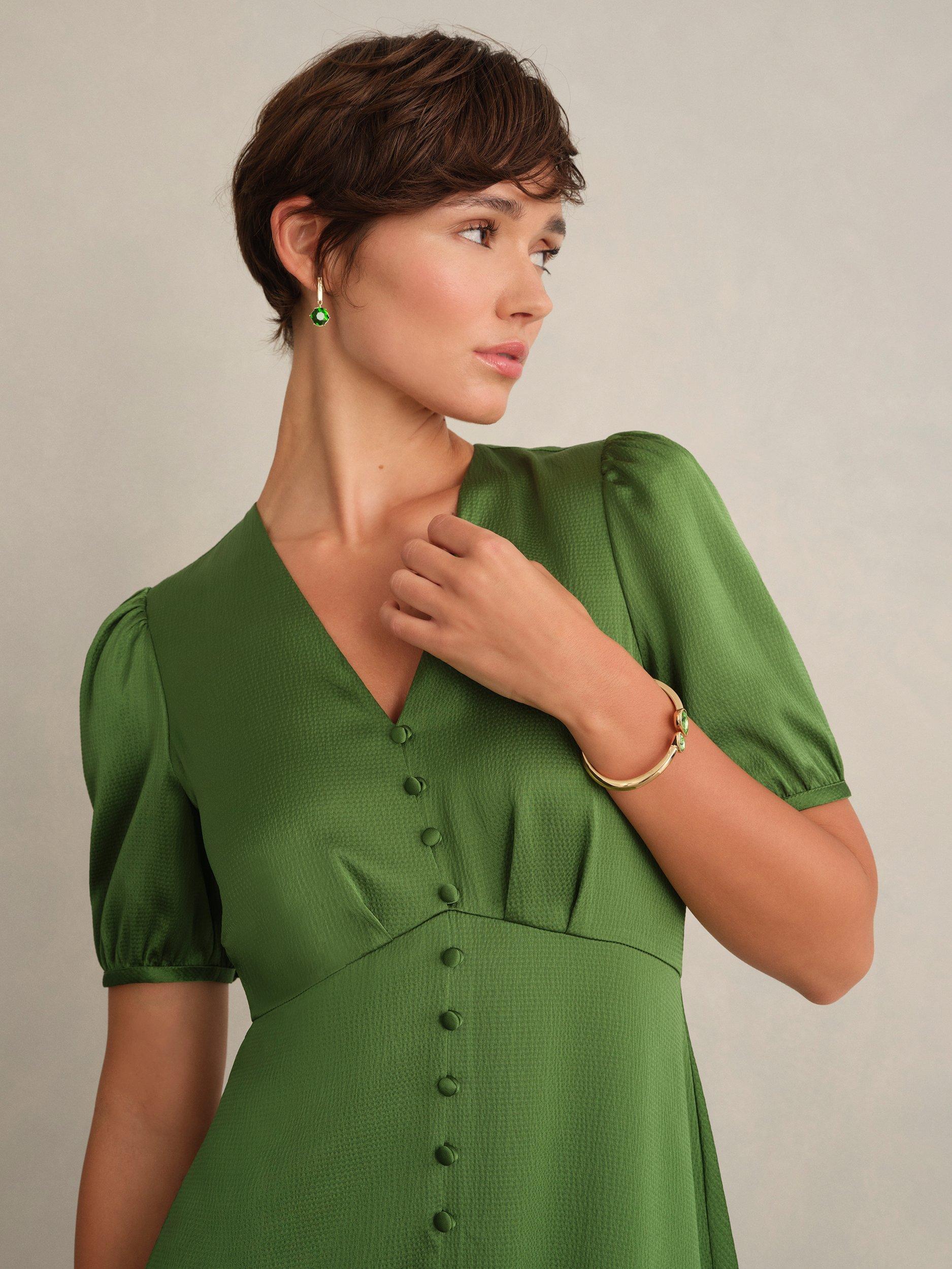 Hobbs Petite Isabelle Hammered Satin Midi Dress, Bay Leaf Green