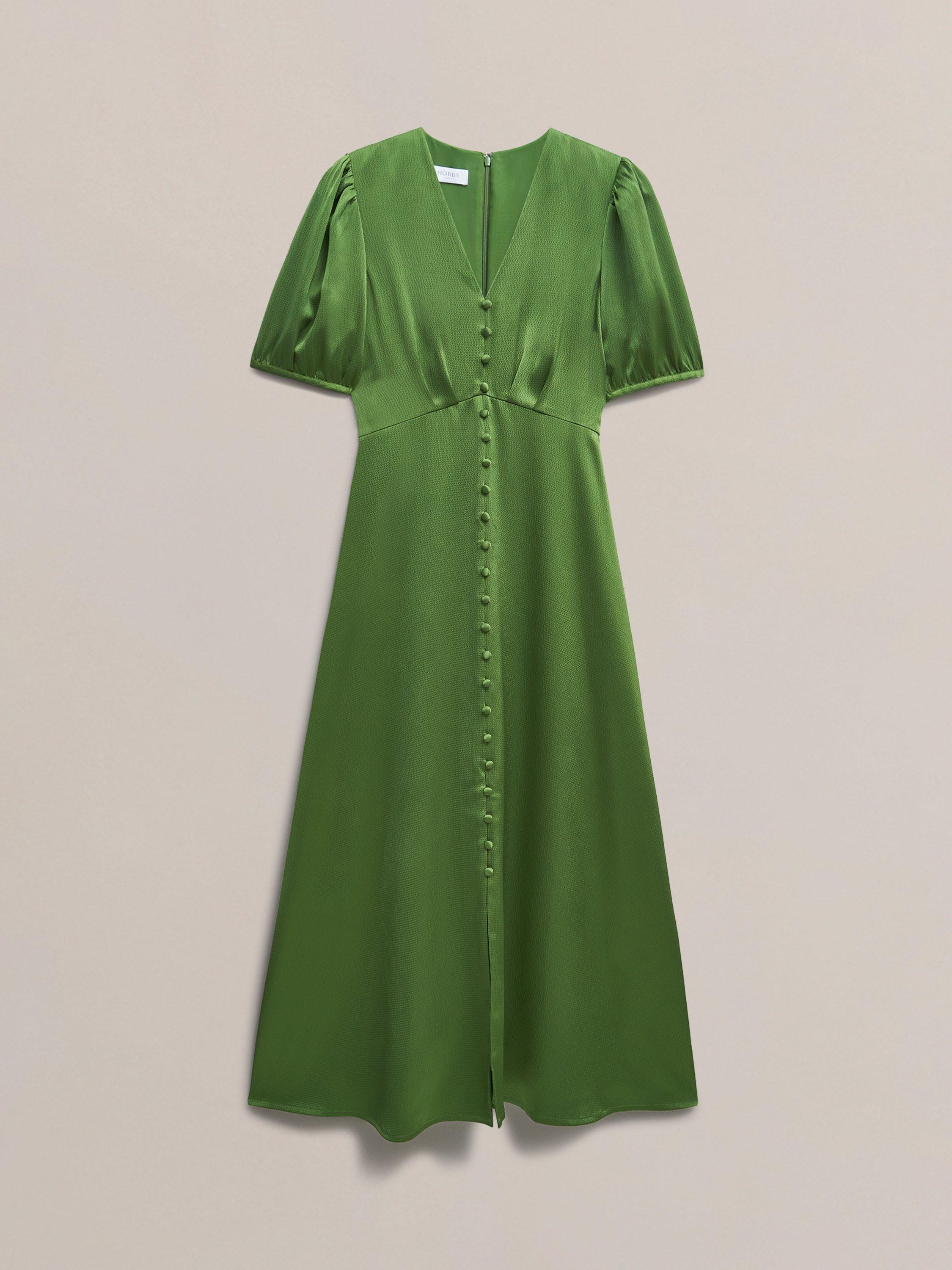 Hobbs Petite Isabelle Hammered Satin Midi Dress, Bay Leaf Green