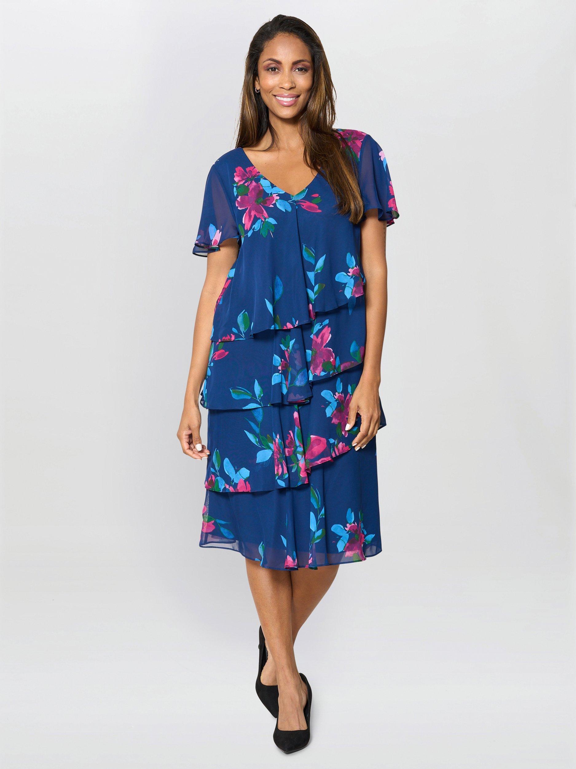 Gina Bacconi Talie Tiered Floral Chiffon Dress, Navy/Multi