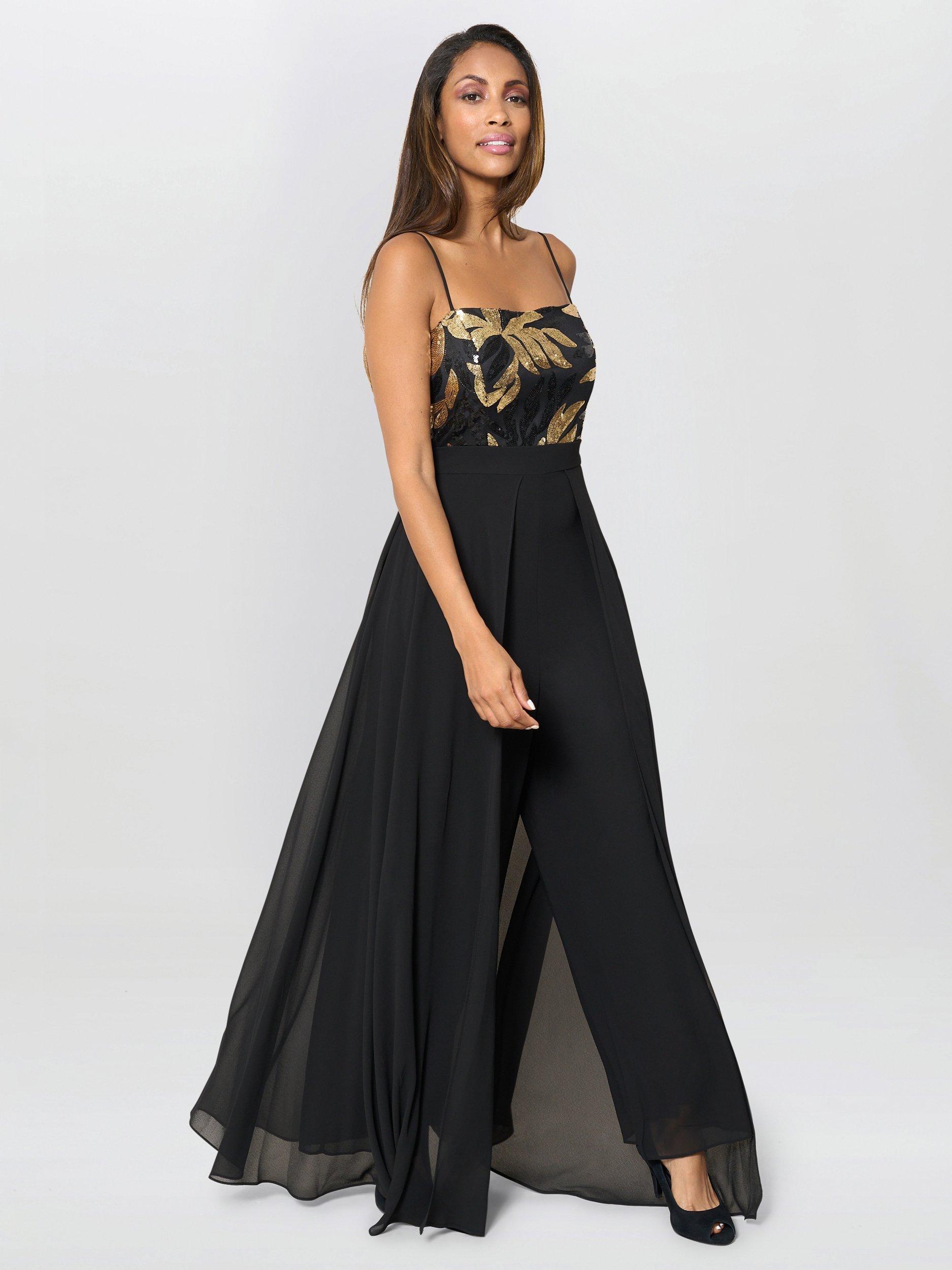 Gina Bacconi Fannie Floral Wide Leg Jumpsuit, Black/Gold, 8