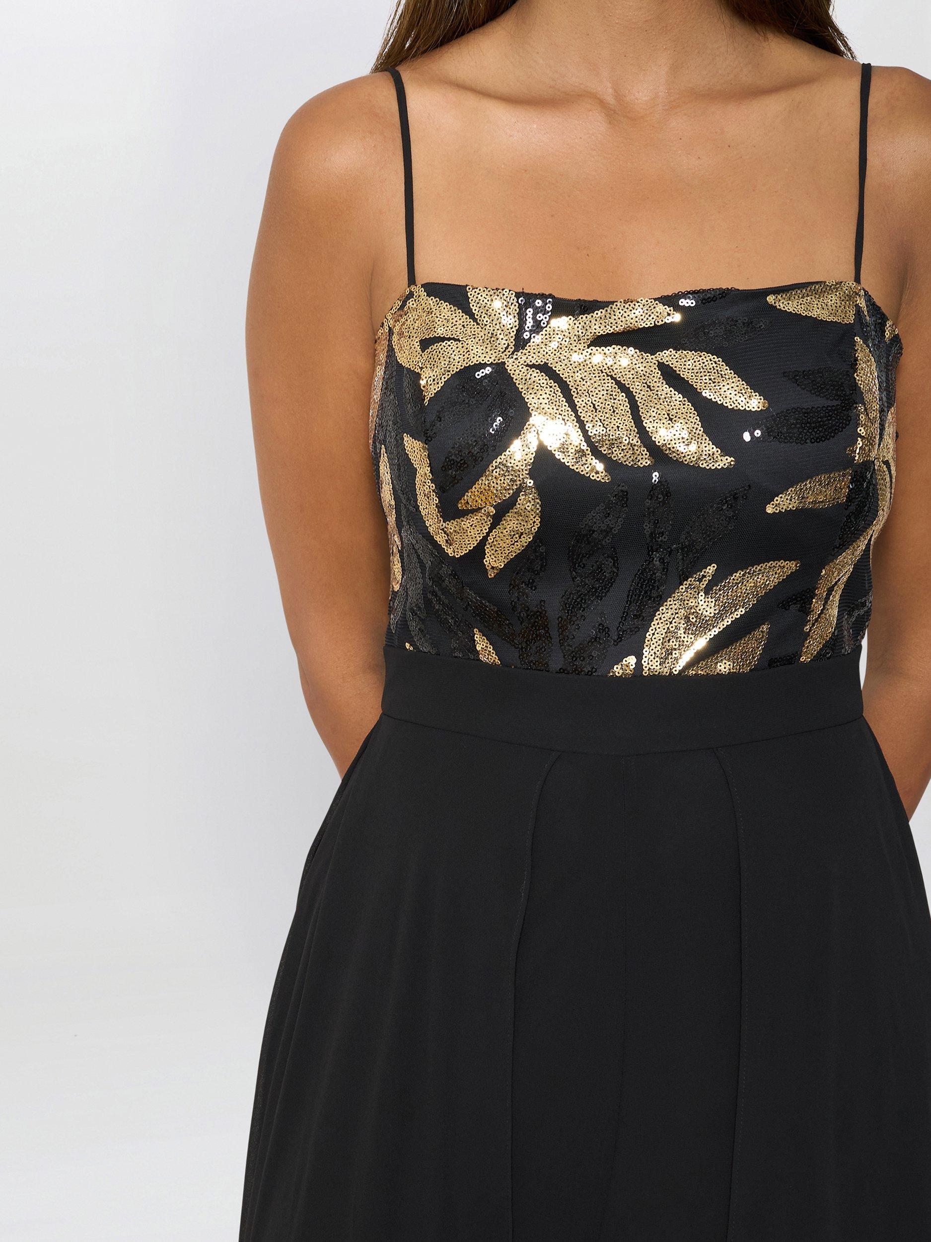 Gina Bacconi Fannie Floral Wide Leg Jumpsuit, Black/Gold, 8