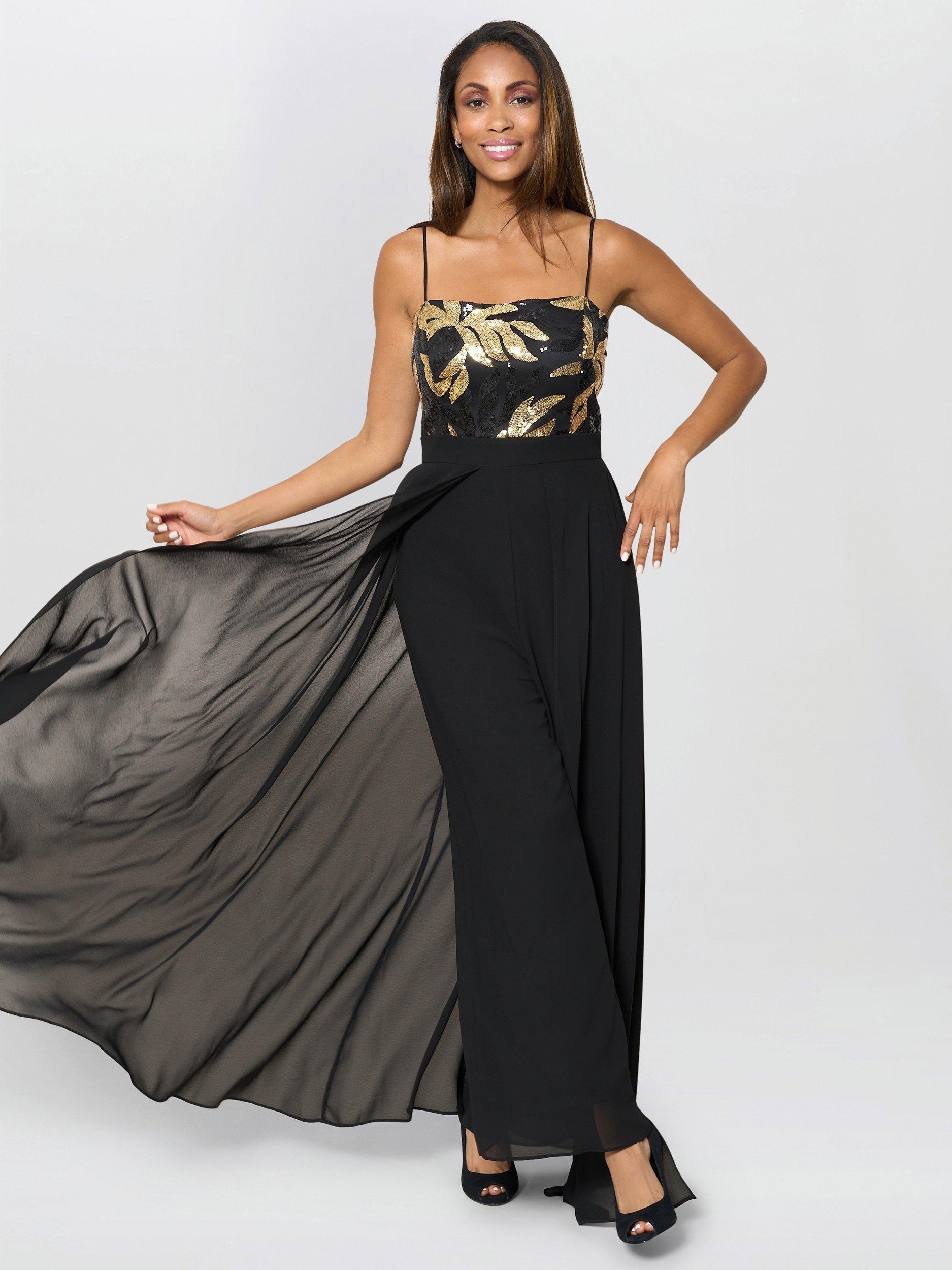 Gina Bacconi Fannie Floral Wide Leg Jumpsuit, Black/Gold, 8