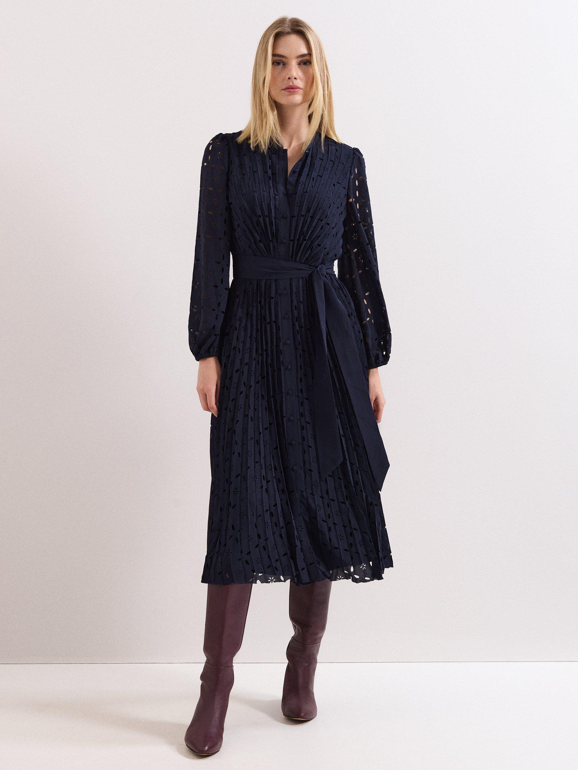 Phase Eight Marina Laser Cut Midi Dress, Navy