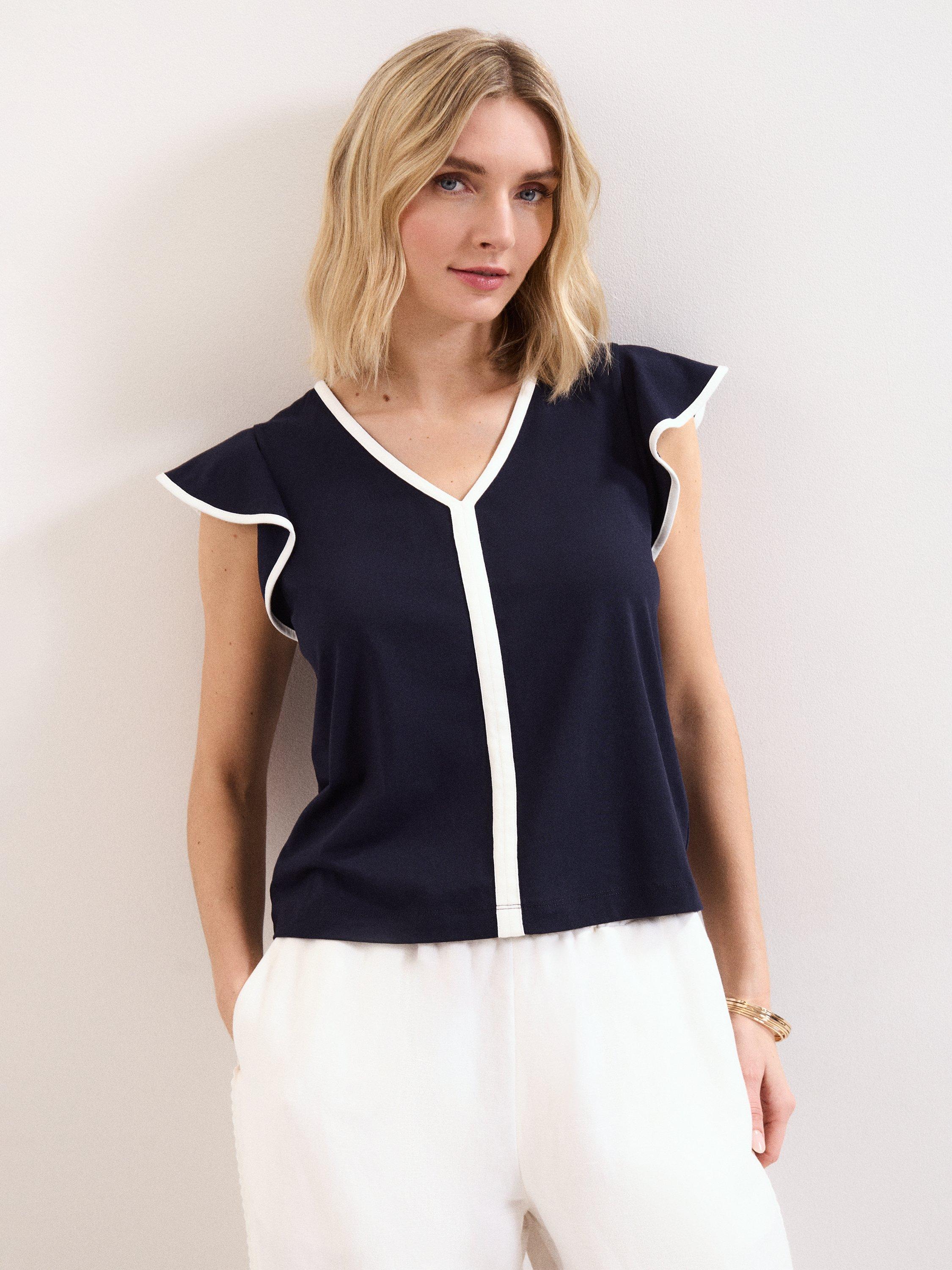 Phase Eight Fleur Angel Sleeve Piping Detail Top, Navy