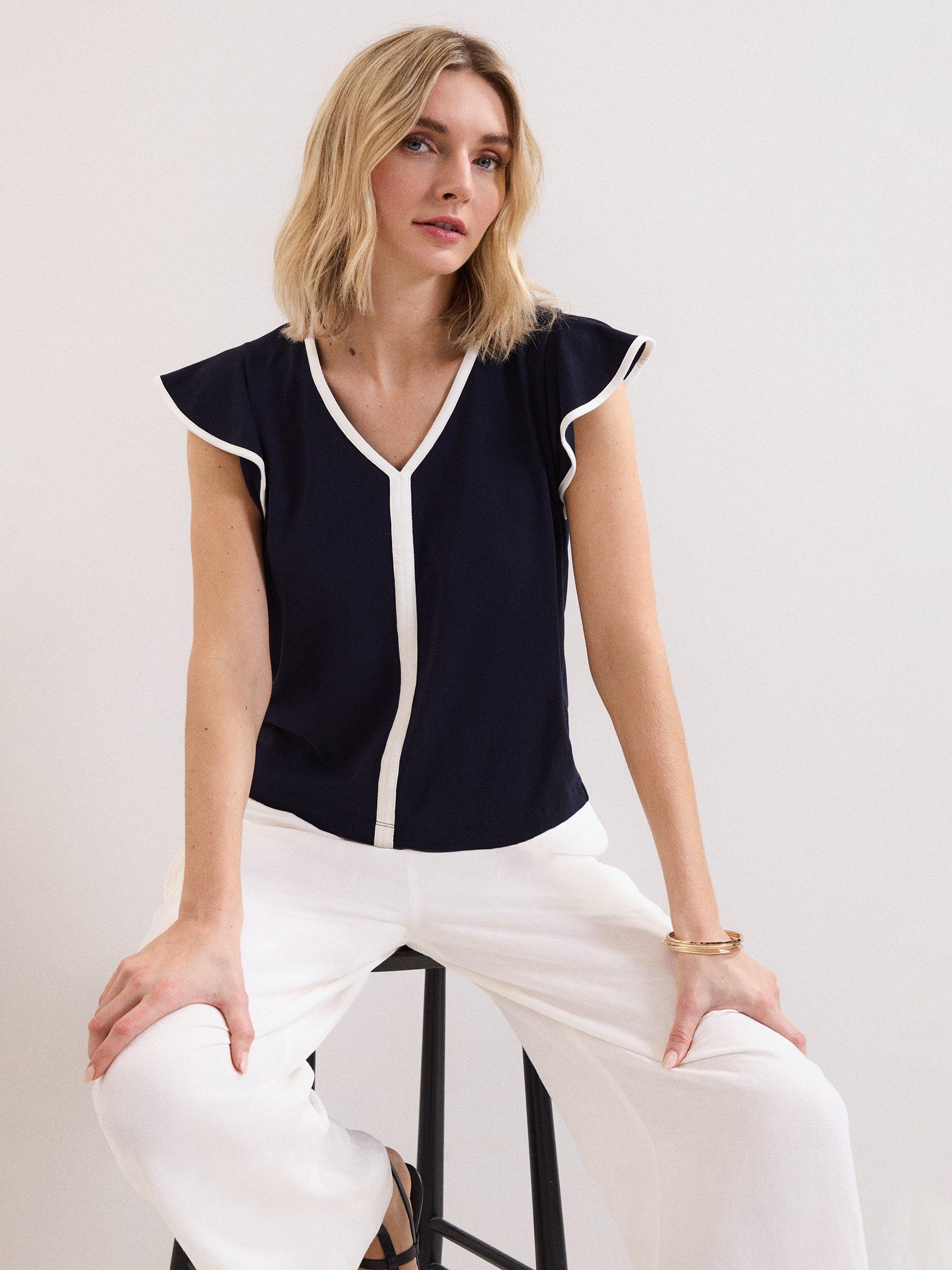 Phase Eight Fleur Angel Sleeve Piping Detail Top, Navy