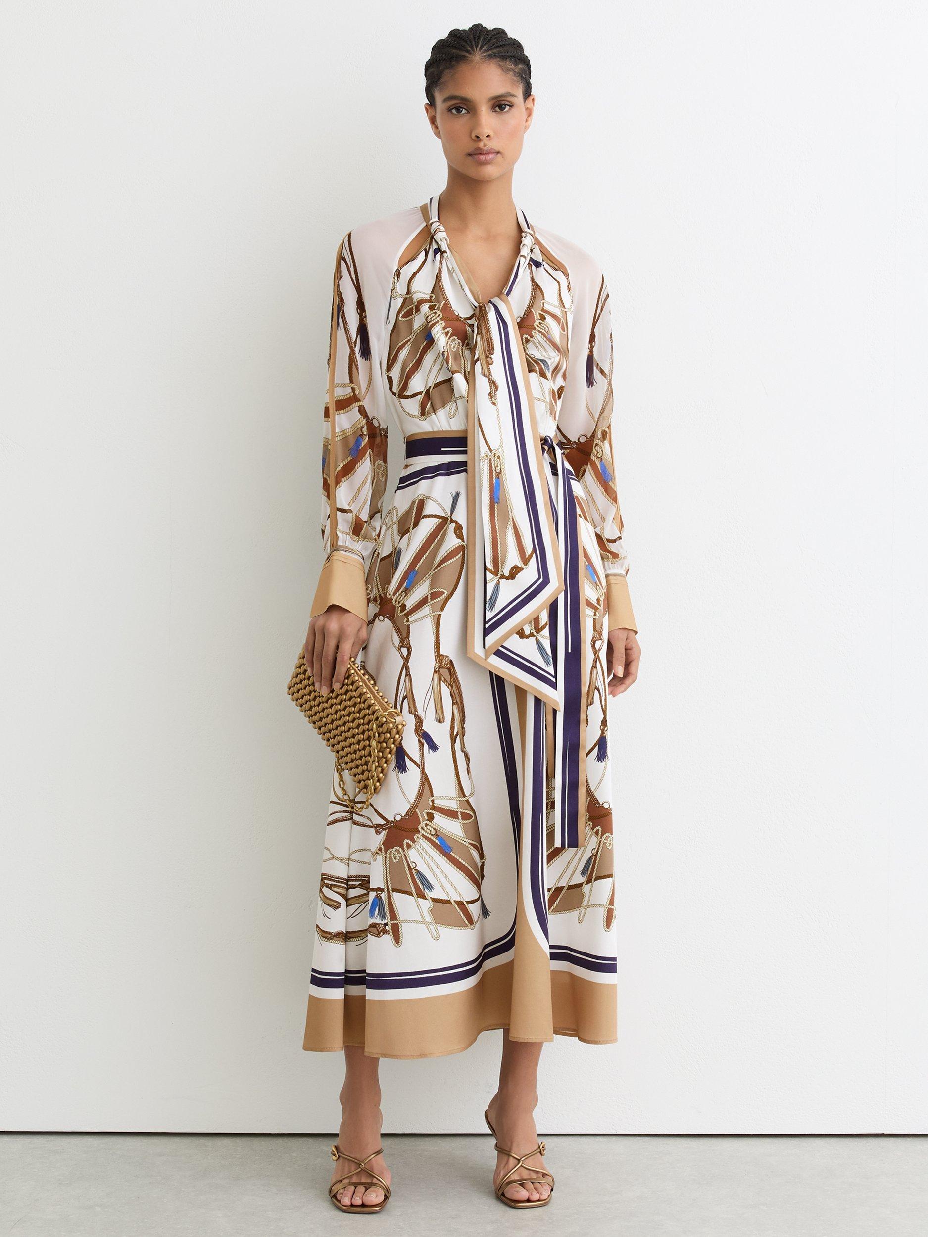 Reiss Petite Ellie Scarf Print Midi Dress, Ivory/Neutral